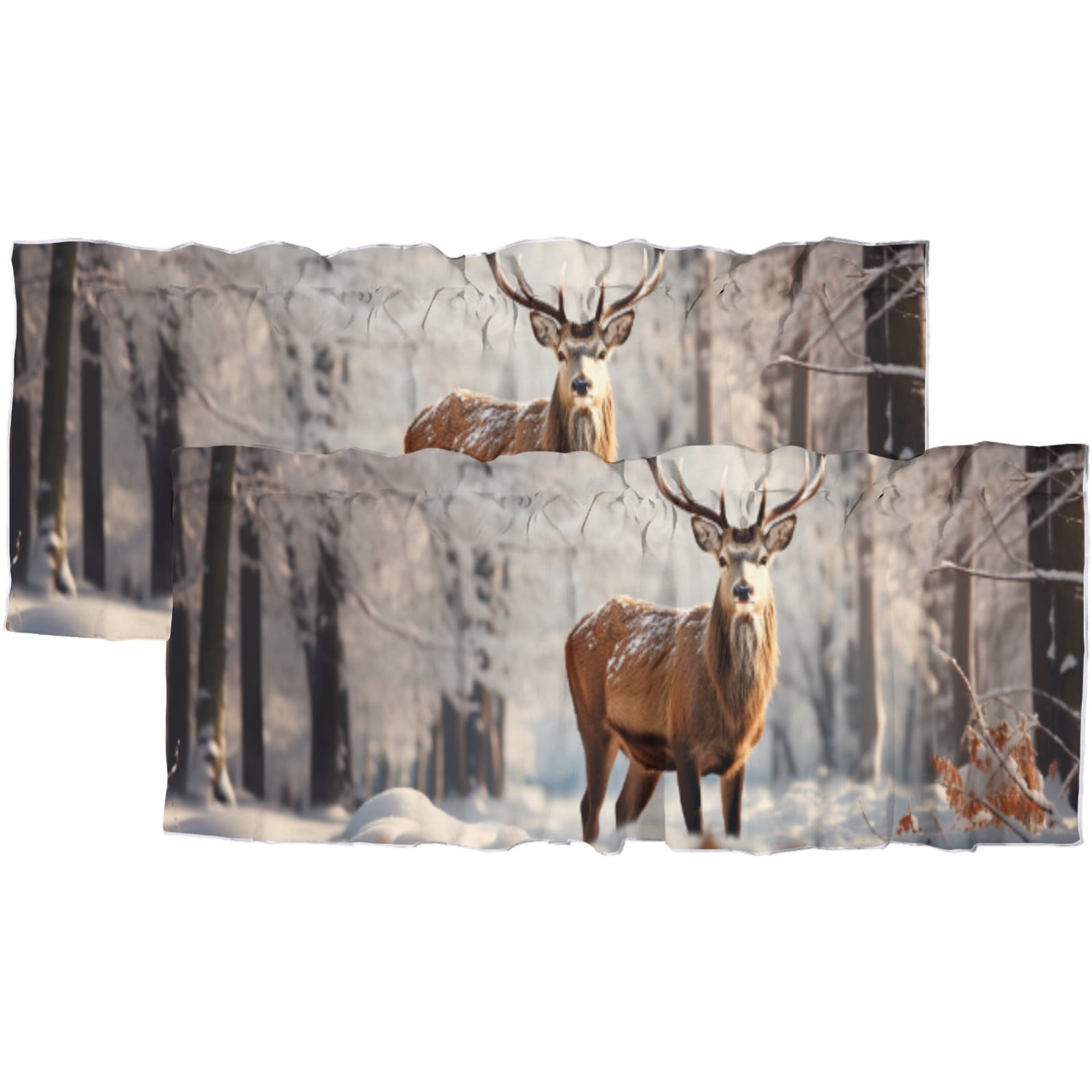 Winter Forest Deer Kitchen Valance Curtains Wild Animal Elk Snowy Tree ...