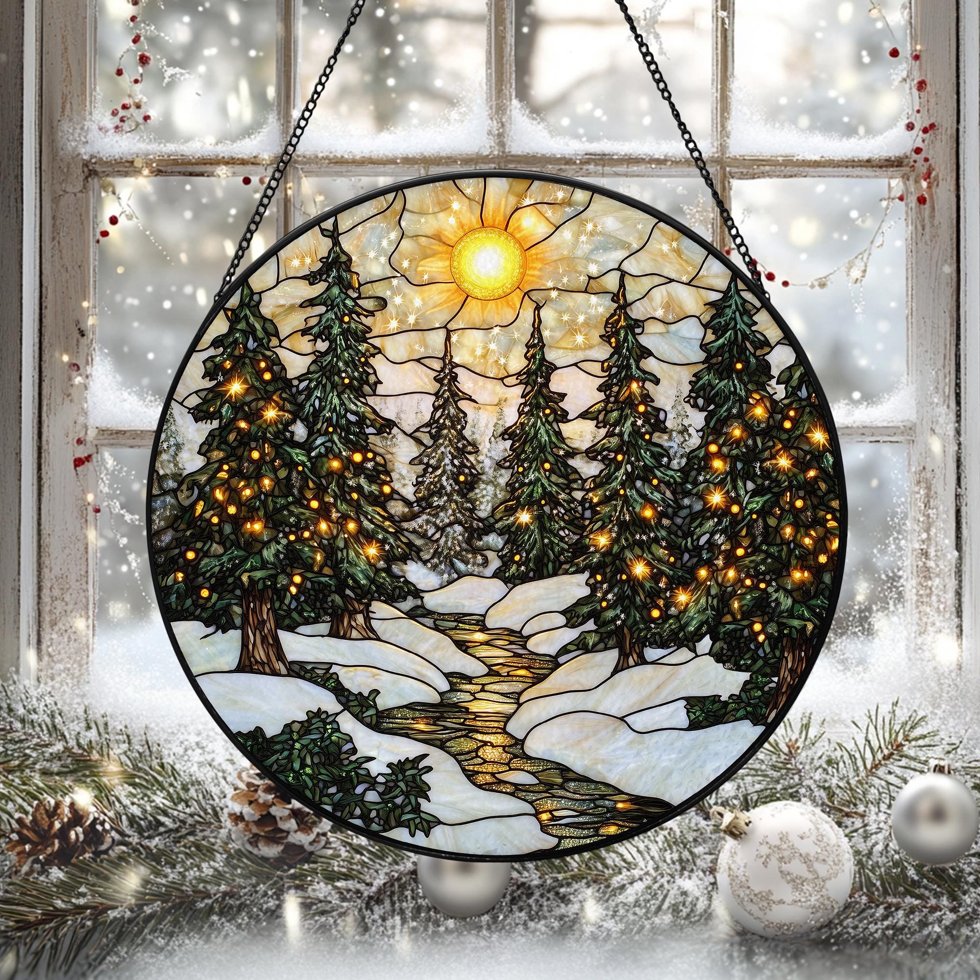 Winter Forest Faux Stained Glass Suncatcher, Snowy Pine Trees Christmas ...