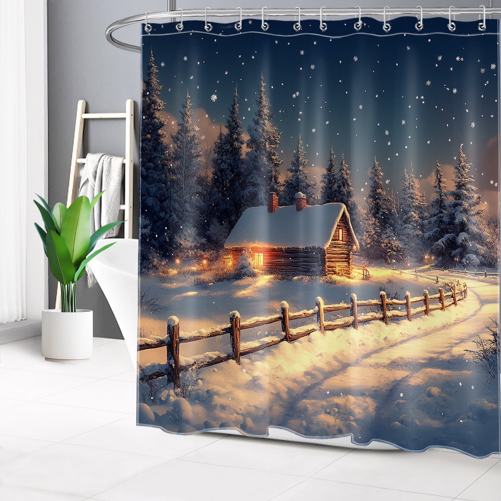 Winter Forest Night Shower Curtain for Bathroom Snow Covered Pine Tree ...