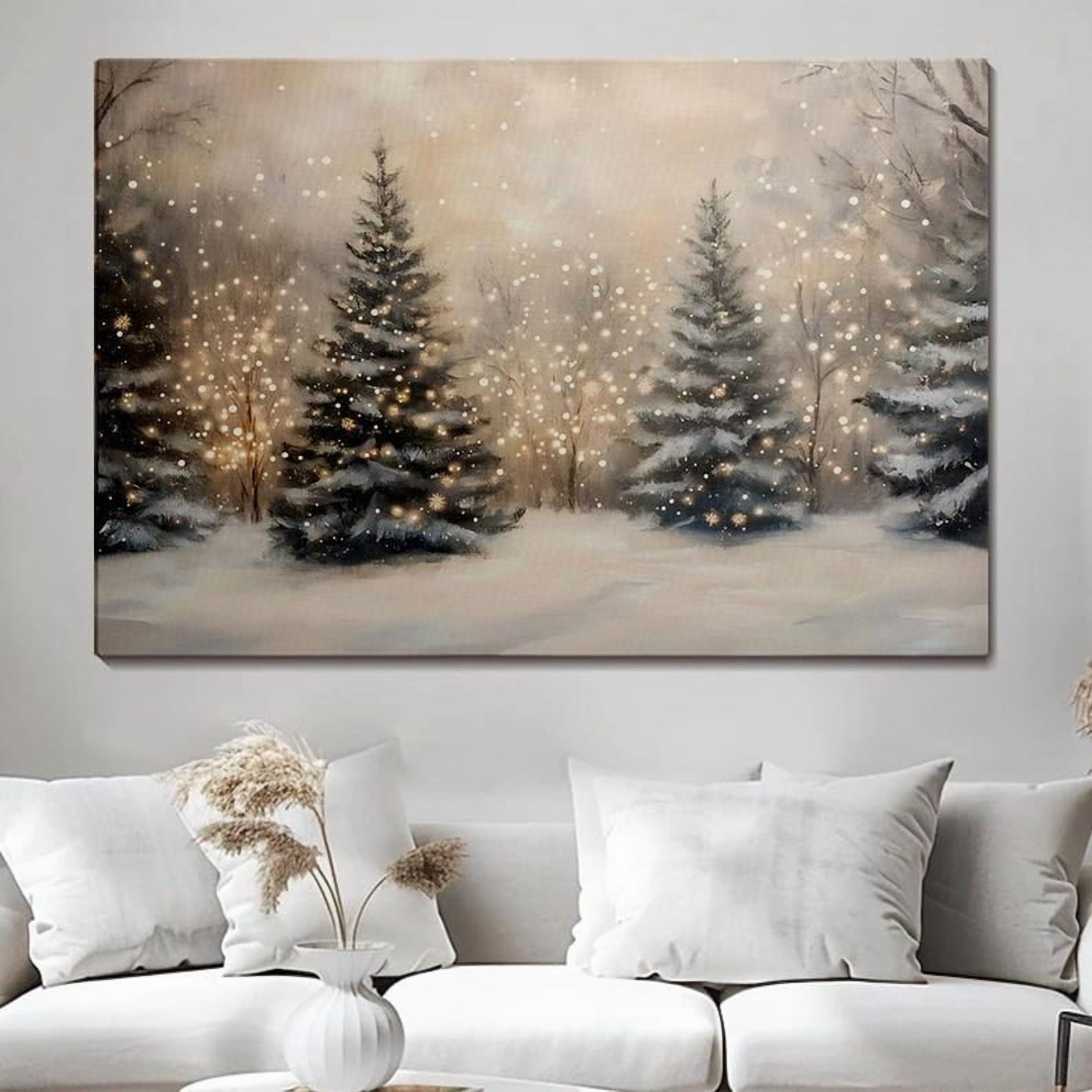 Winter Forest Poster, Snowy Pine Tree Landscape With Lights, Cozy ...