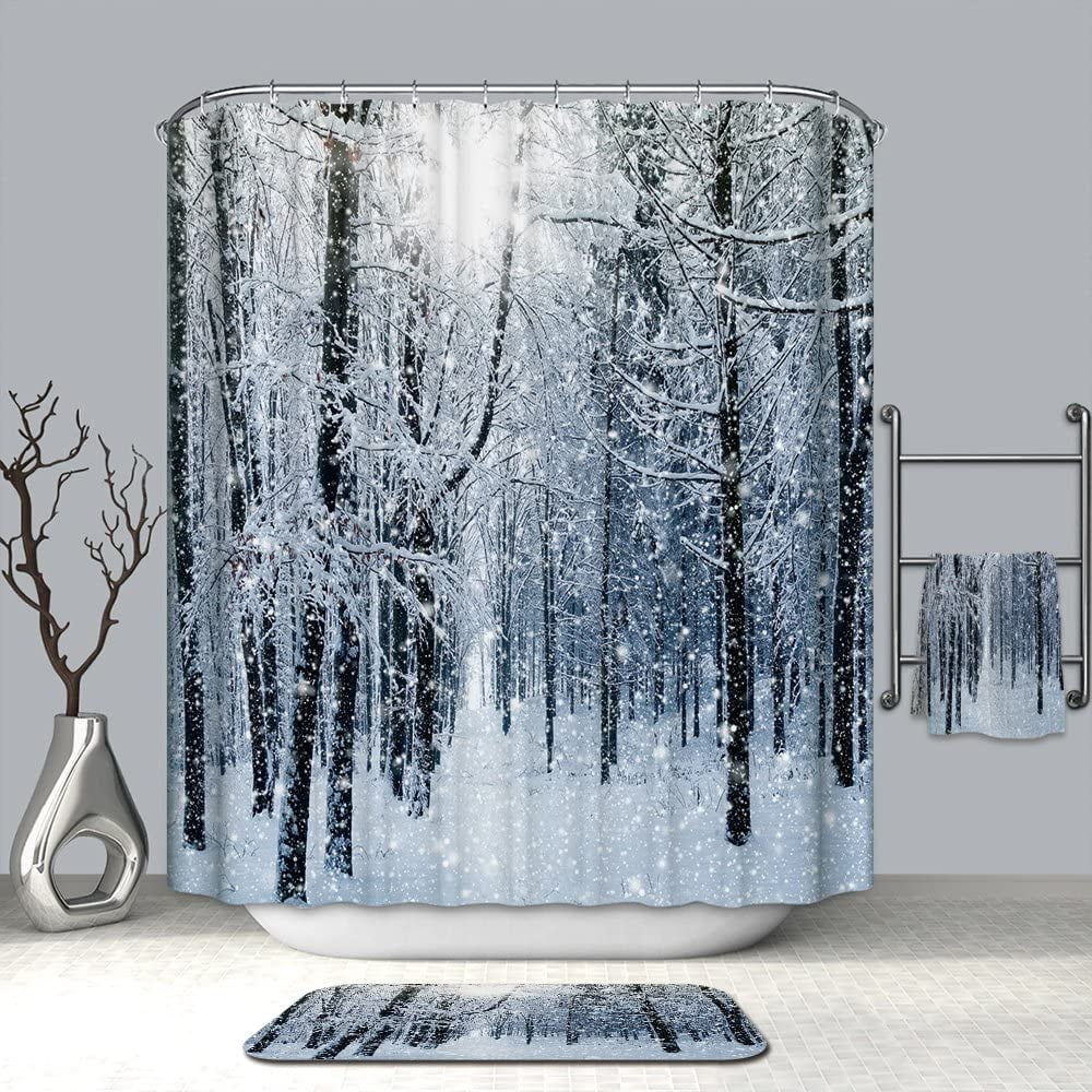 Winter Forest Shower Curtain Blue Snow Tree Snowflake Christmas Nature ...