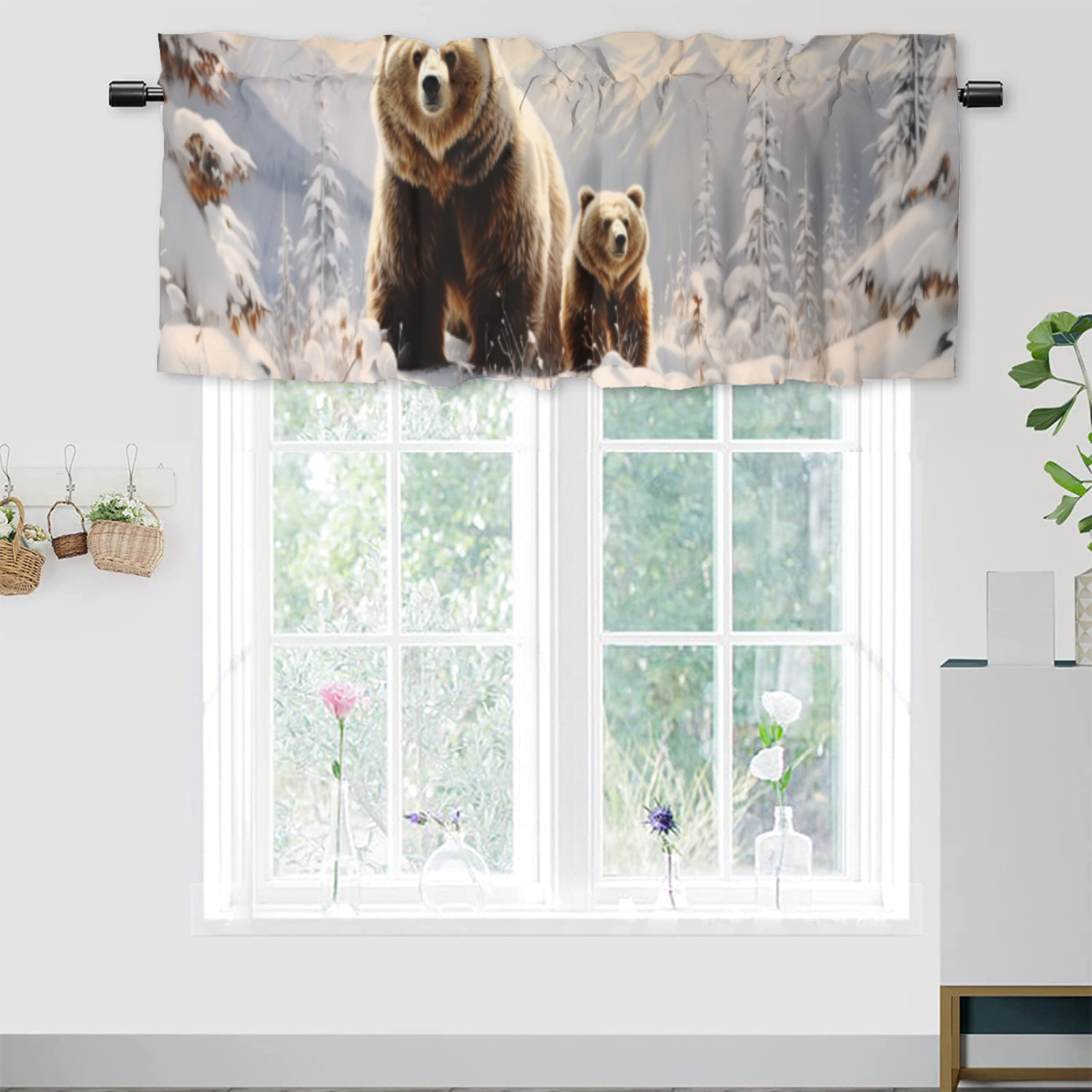 Winter Forest Valance Curtains Bear Pine Tree Snowflake Cabin Wildlife ...