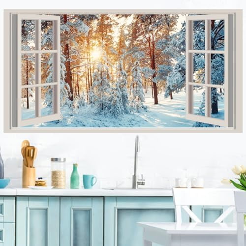 Winter Forest Wall Stickers 3D Fake Windows Wall Sticker Winter Wall ...