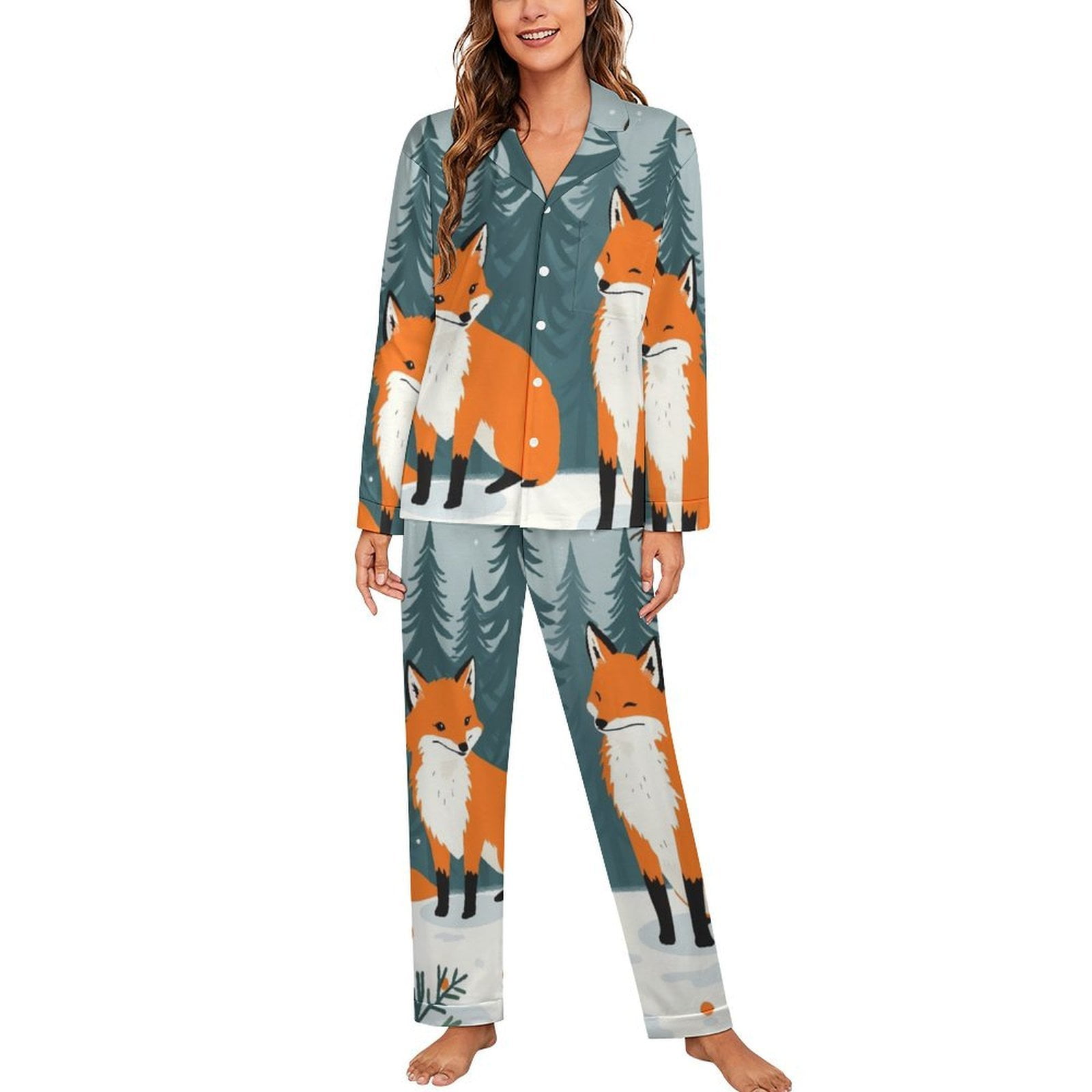 Winter Foxes Snow Pajamas Night V Neck Nightwear Lady Two Piece Long ...