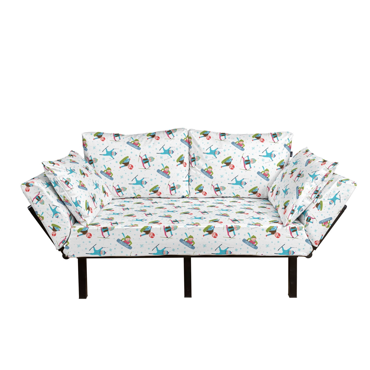 Winter Futon Couch, Snowboard and Ski Sports Pattern with Snowflakes ...