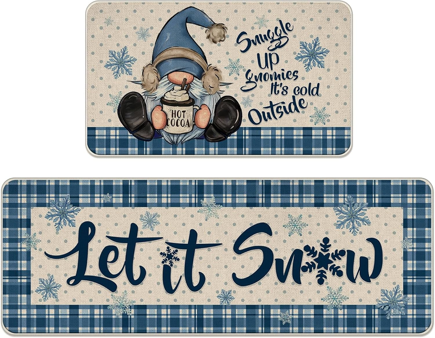 Winter Gnome Let It Snow Kitchen Rugs Set of 2, Blue Plaid Polka Dot ...