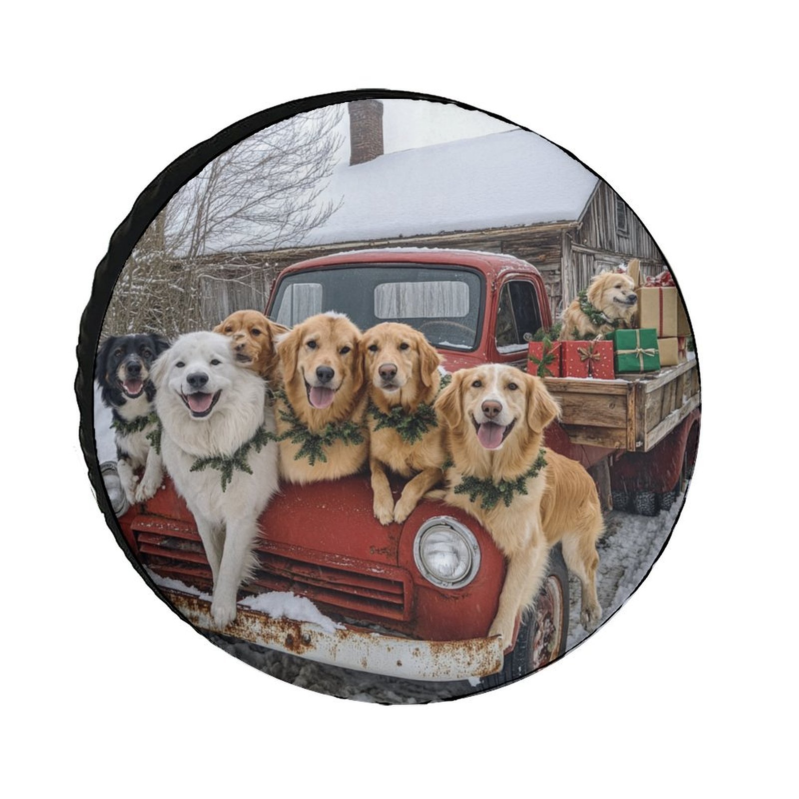 Winter Group of Dogs Camping Spare Tire Cover Dogs in Red Pickup Truck ...