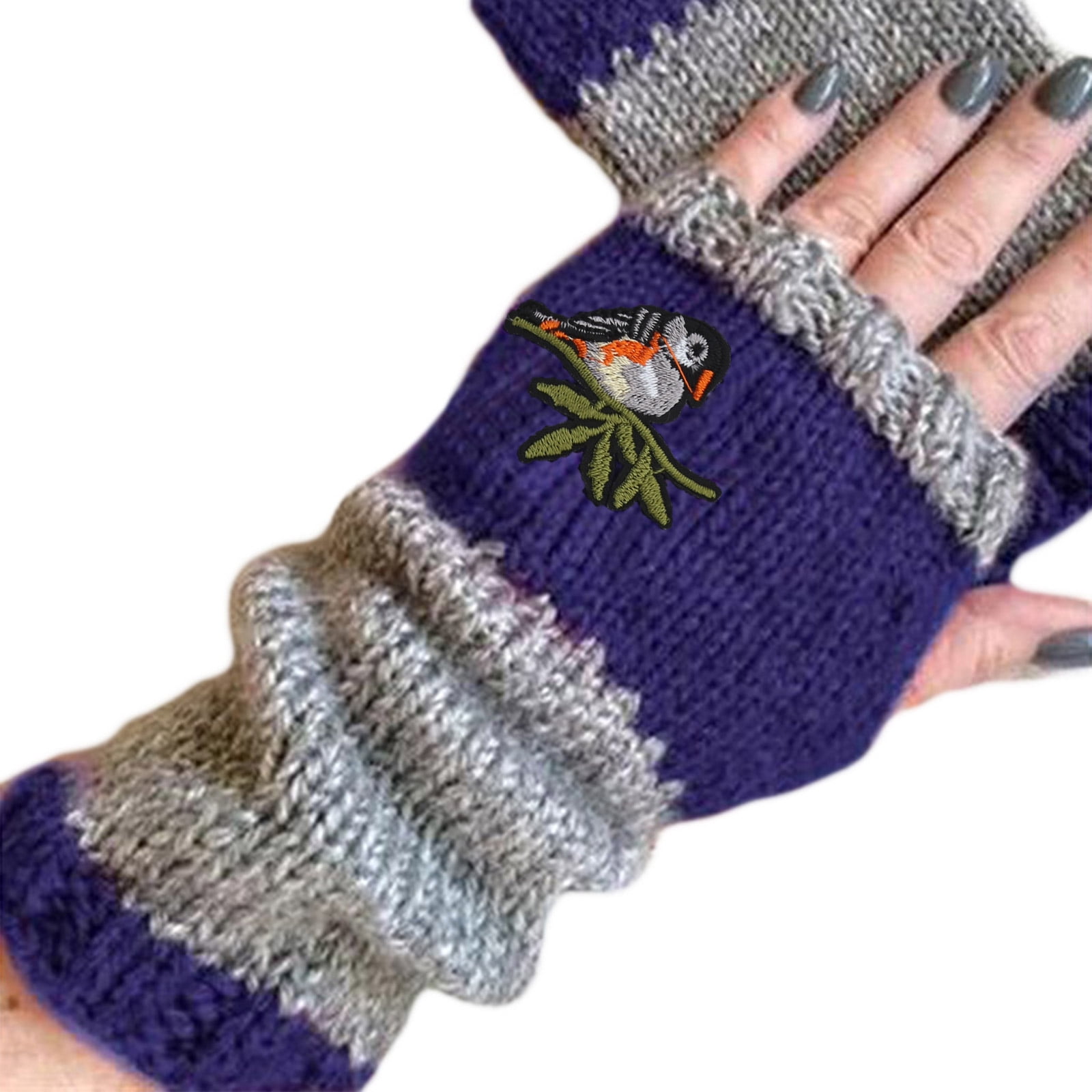 Women Bird Embroidery Half Finger Gloves Autumn Winter Stretchy Knit ...