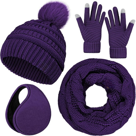 5 Pcs Winter Hat Scarf Gloves Set Fleece Warm Lined Knit Beanie Hat ...