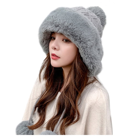 Winter Hats for Women Teen Girl Faux-Fur Knit Hat Fleece Thick Warm ...