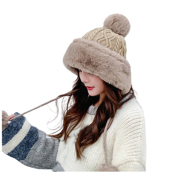 Winter Hats for Women Teen Girl Faux-Fur Knit Hat Fleece Thick Warm ...