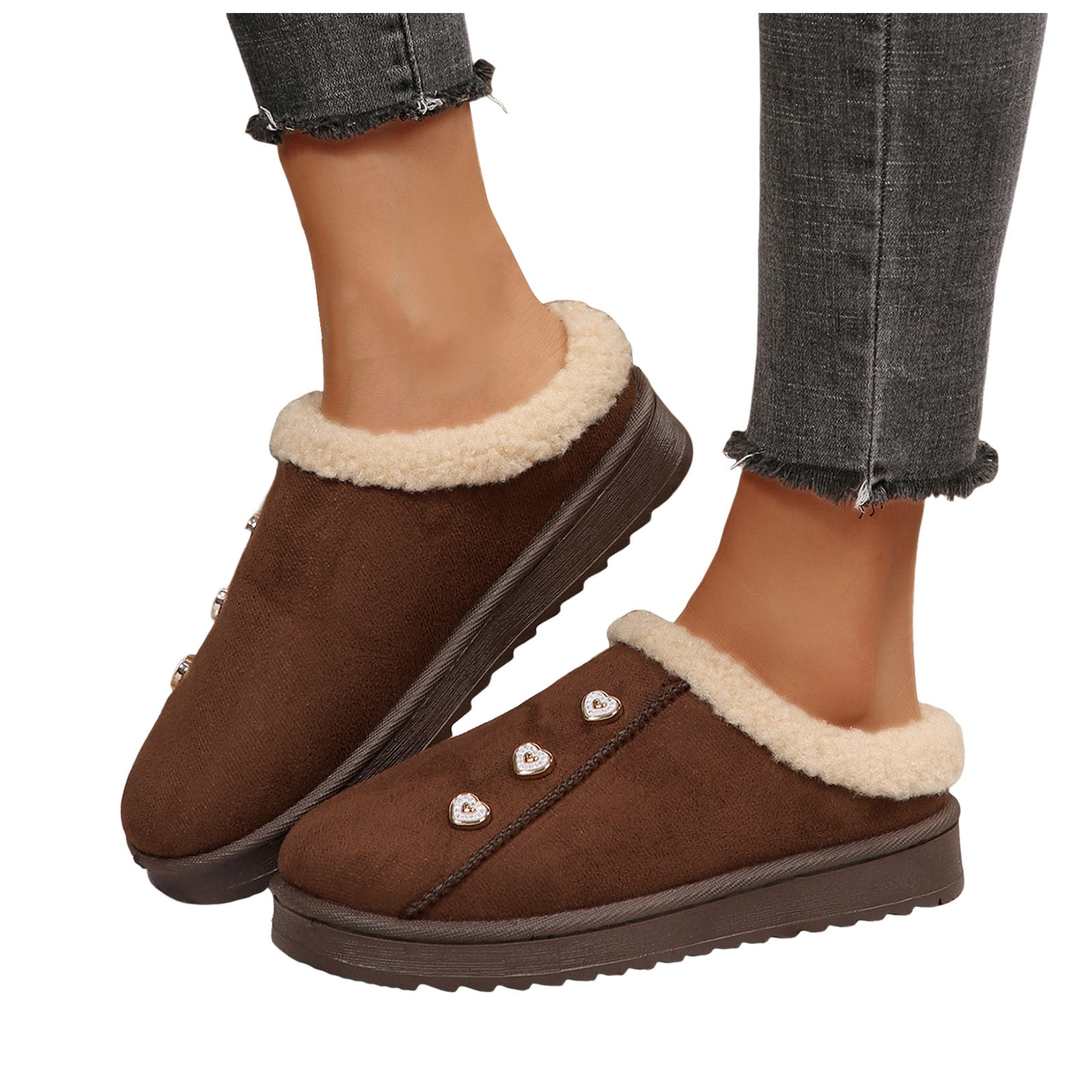 Winter Heart Rhinestones Clogs Slippers Boots for Women Sparkly Fleece ...