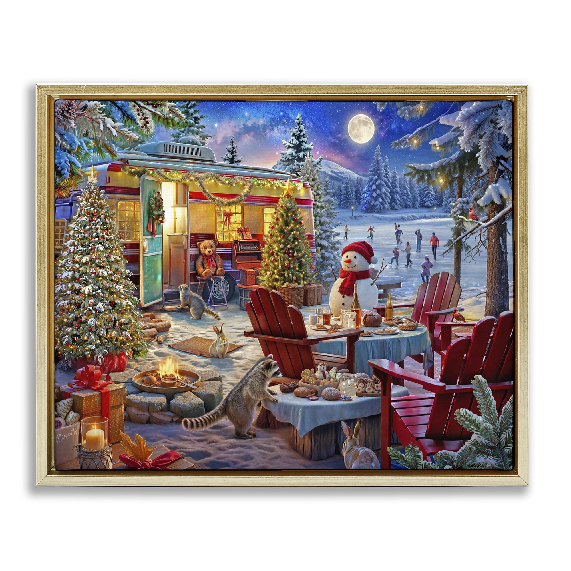 Winter Holiday Camper Party Gold Framed Floater Canvas Wall Art, design ...