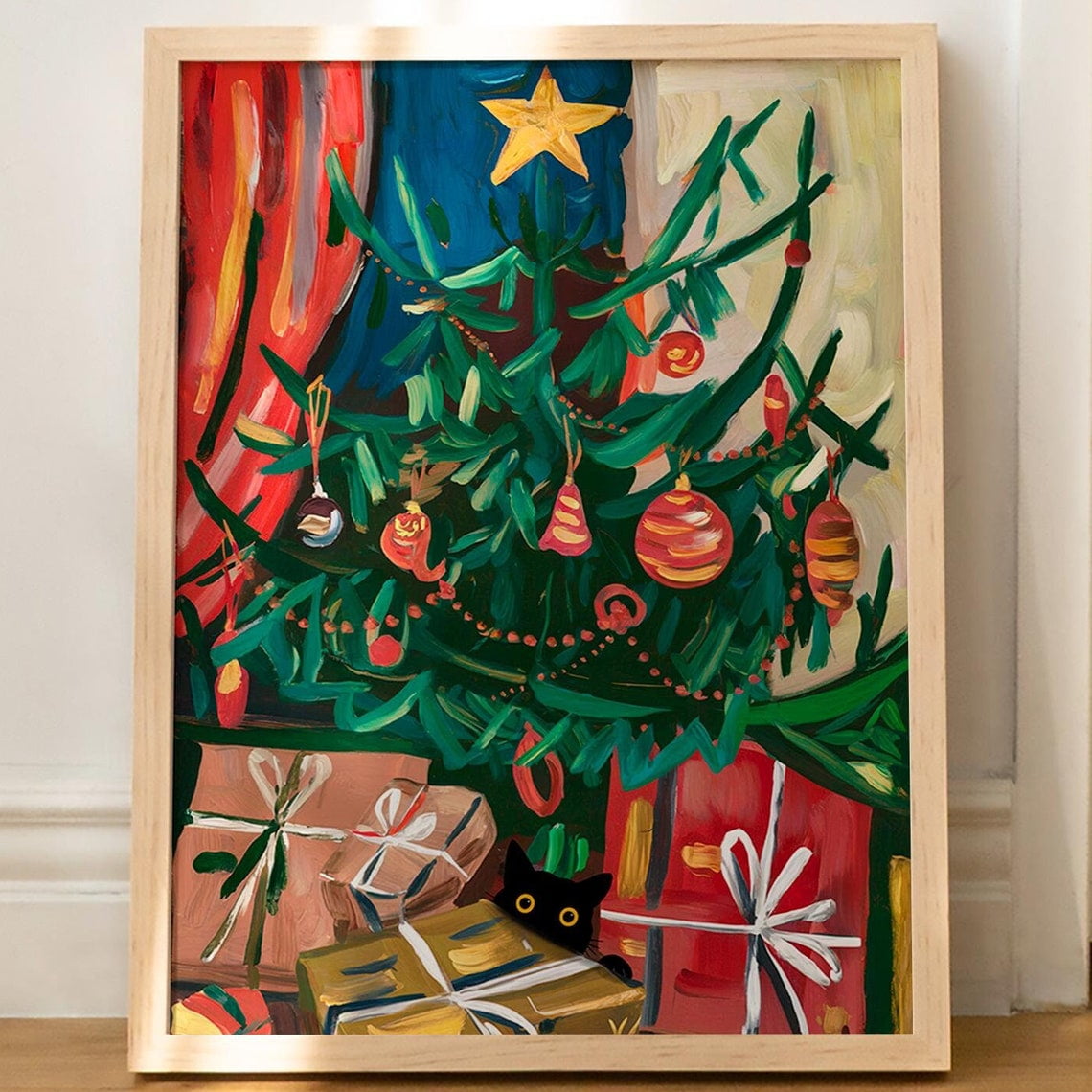 Winter Holiday Cat Poster, Festive Tree Wall Art For Cat Lovers, Cute ...