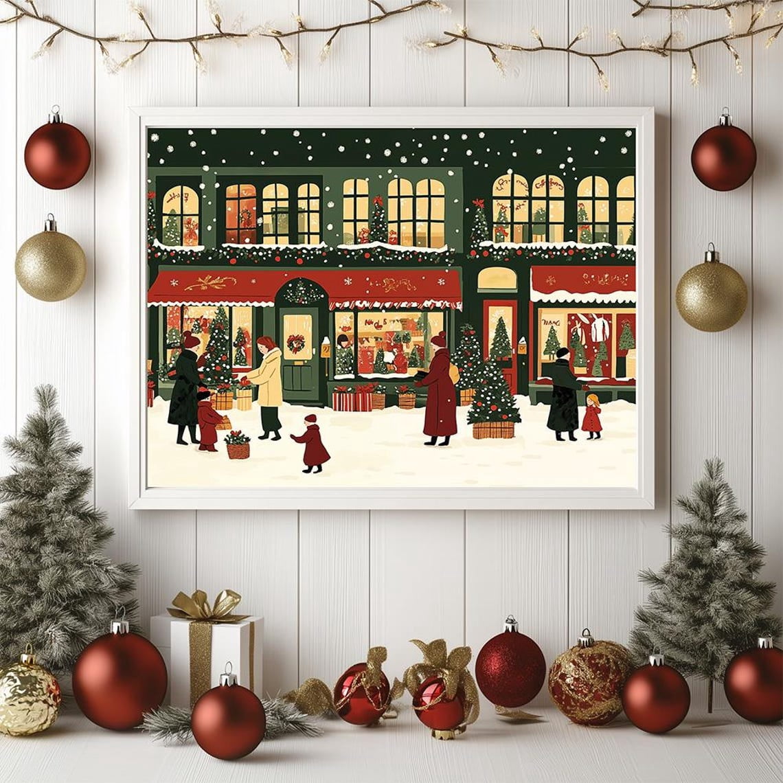 Winter Holiday City Street Poster, Snowy Village Illustration Wall Art ...