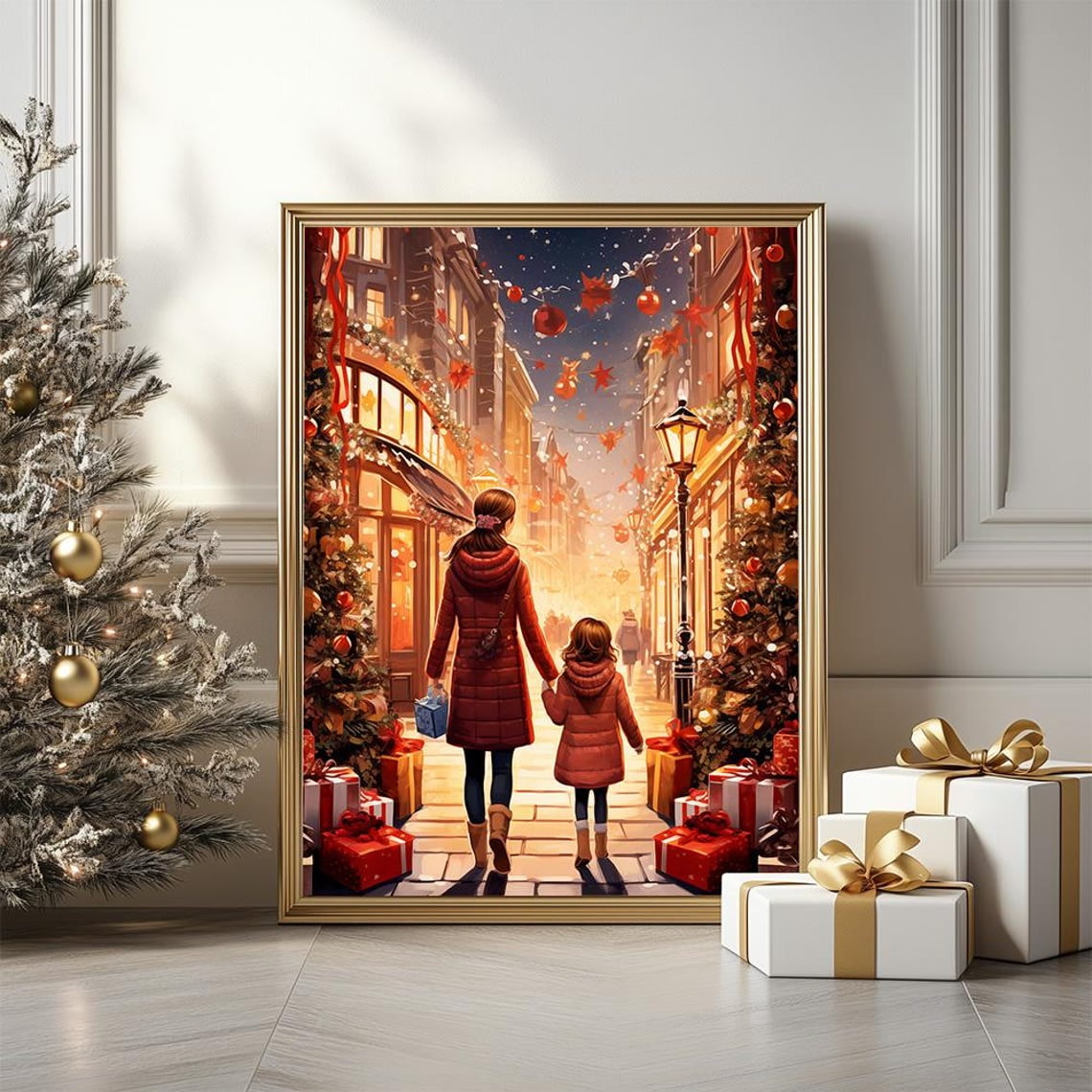 Winter Holiday Eve Street Scene Poster, Mother and Child Artwork, Size ...