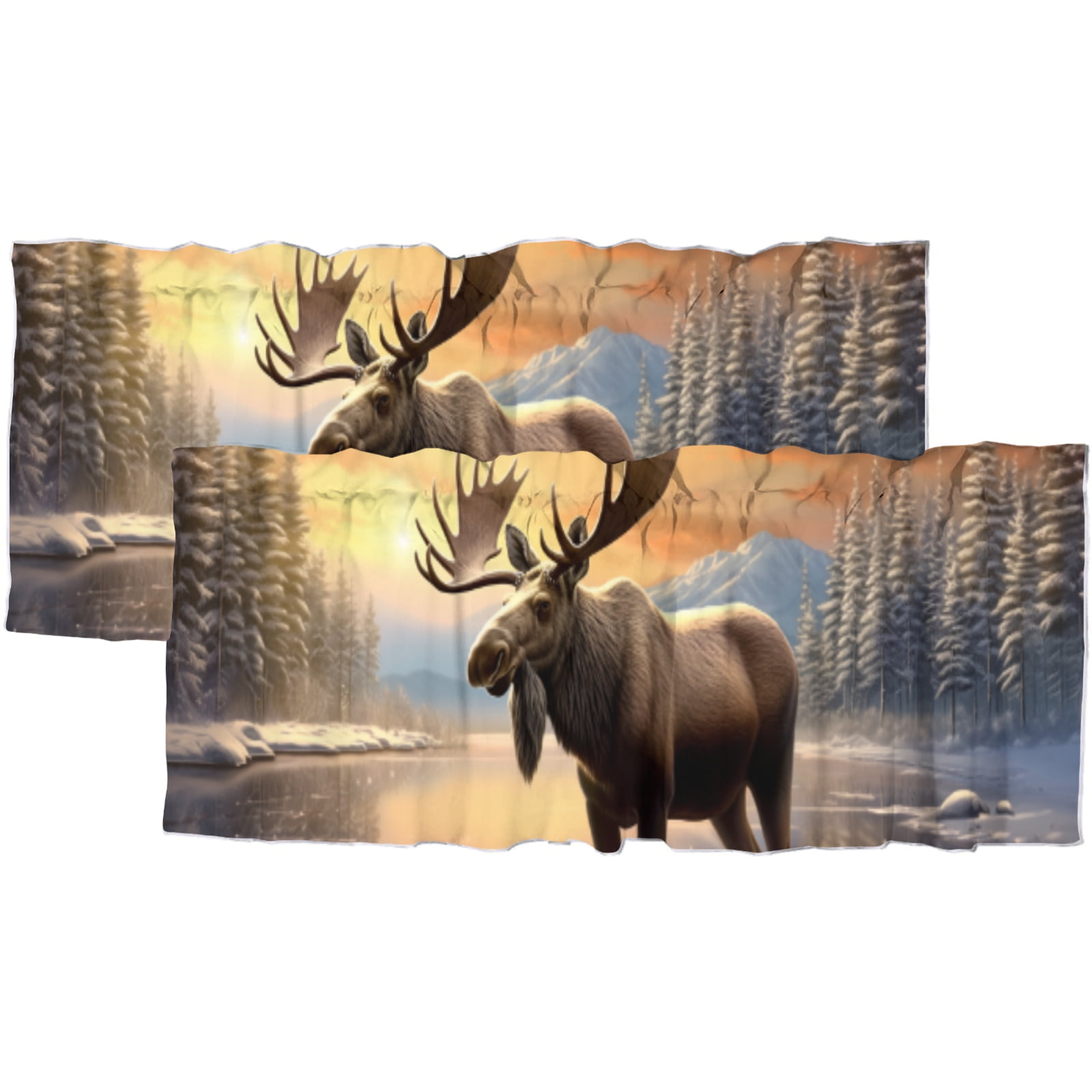 Winter Holiday Kitchen Valances Deer Moose Pine Tree Forest Lake Elk ...
