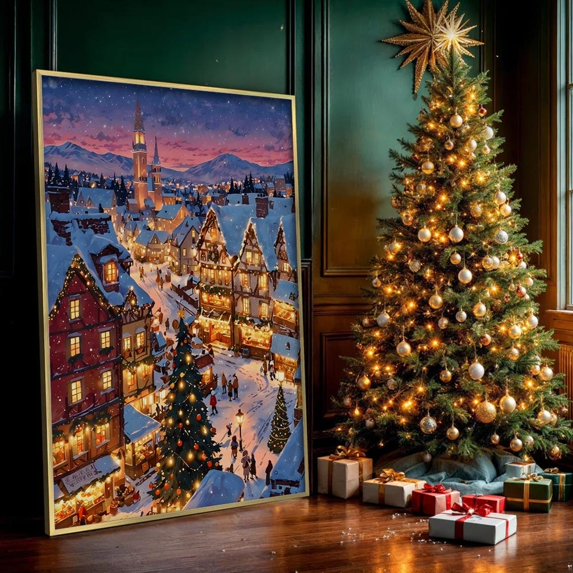 Winter Holiday Market Poster Snowy Winter Village Scene Home Decor ...