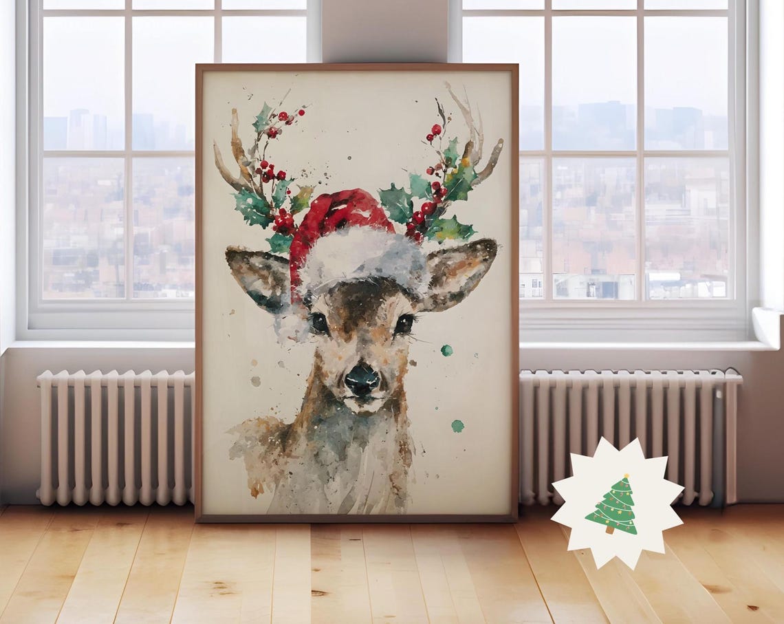 Winter Holiday Reindeer Wall Art, Holiday Deer Poster With Santa Hat ...