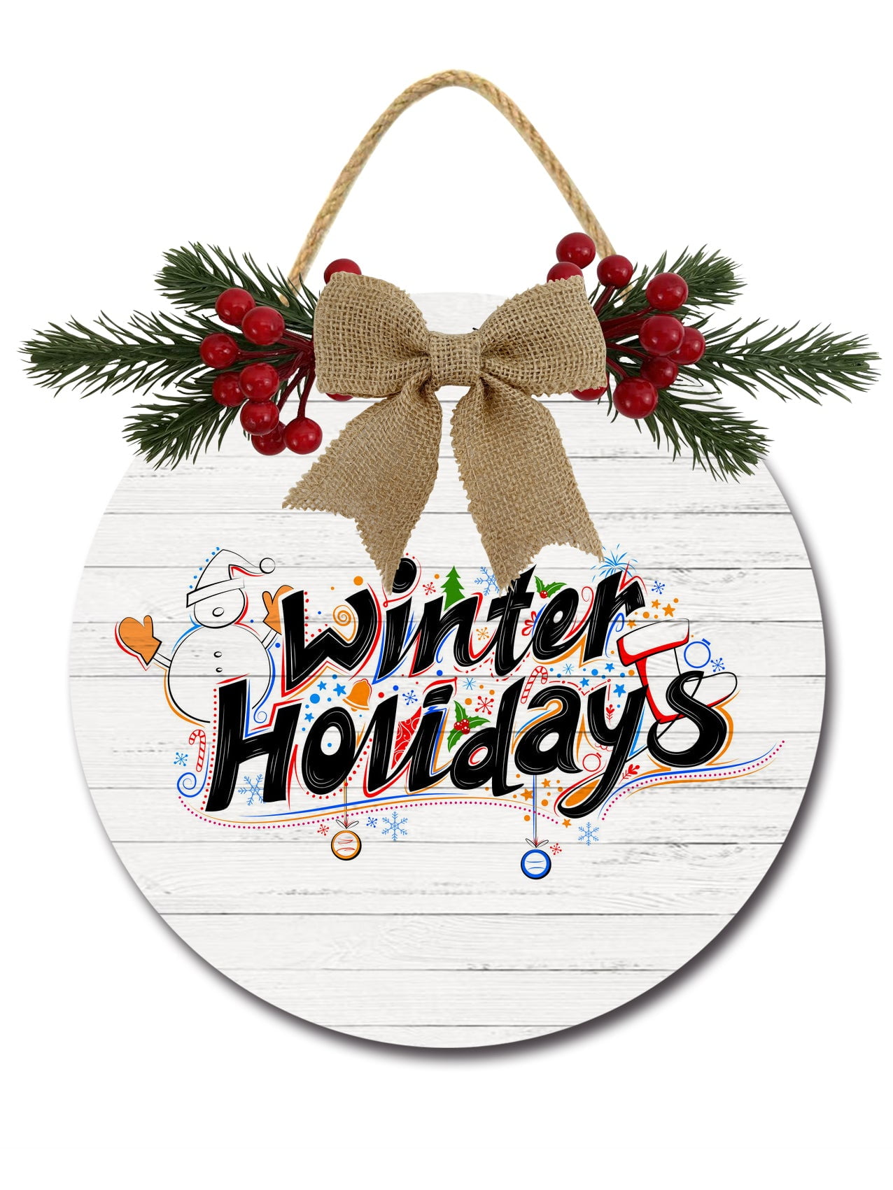 Winter Holiday Sign Front for Door Decoration, 12 in Round Wood Wreaths ...