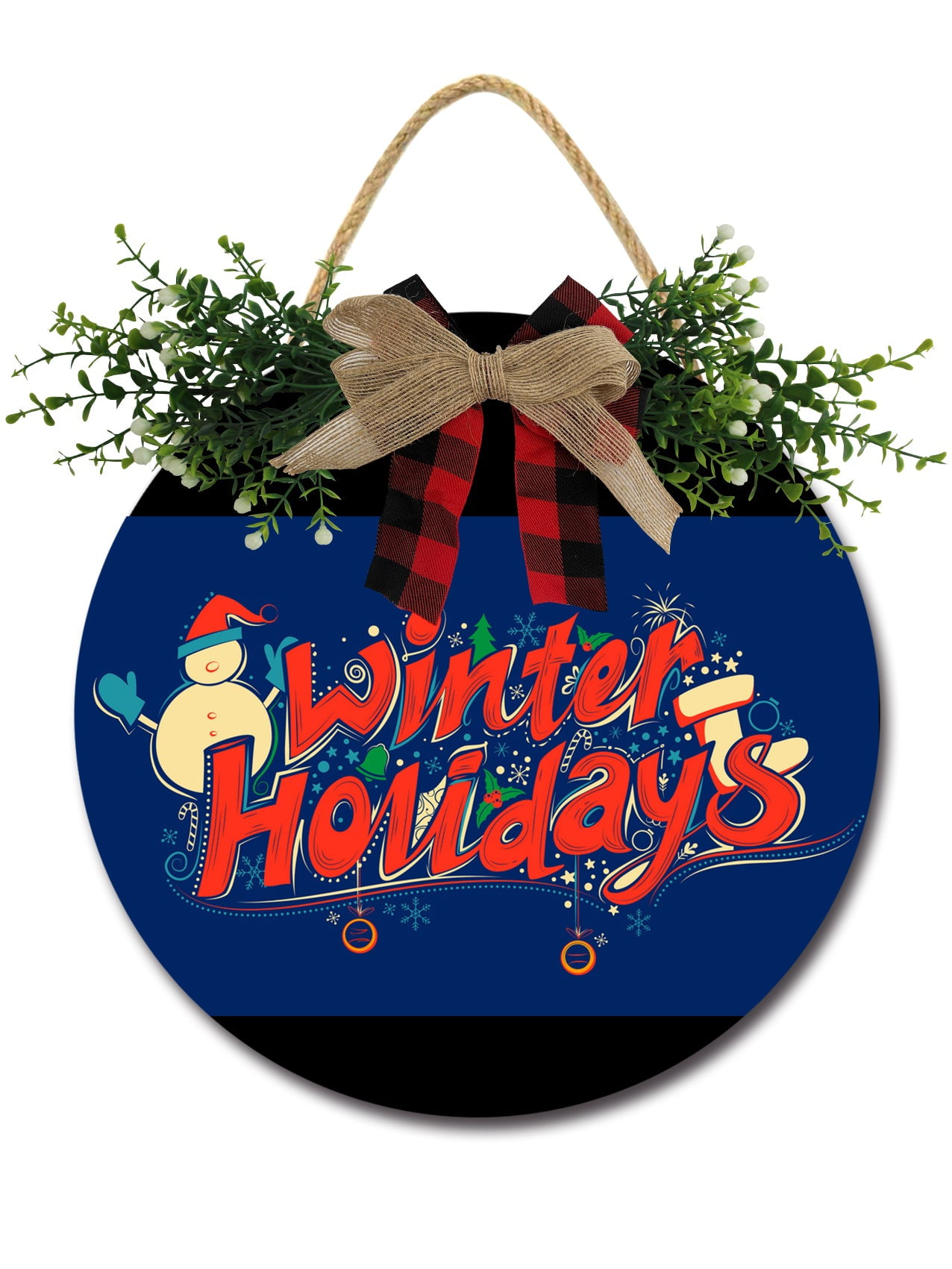 Winter Holiday Sign Front for Door Decoration, 12 in Round Wood Wreaths ...