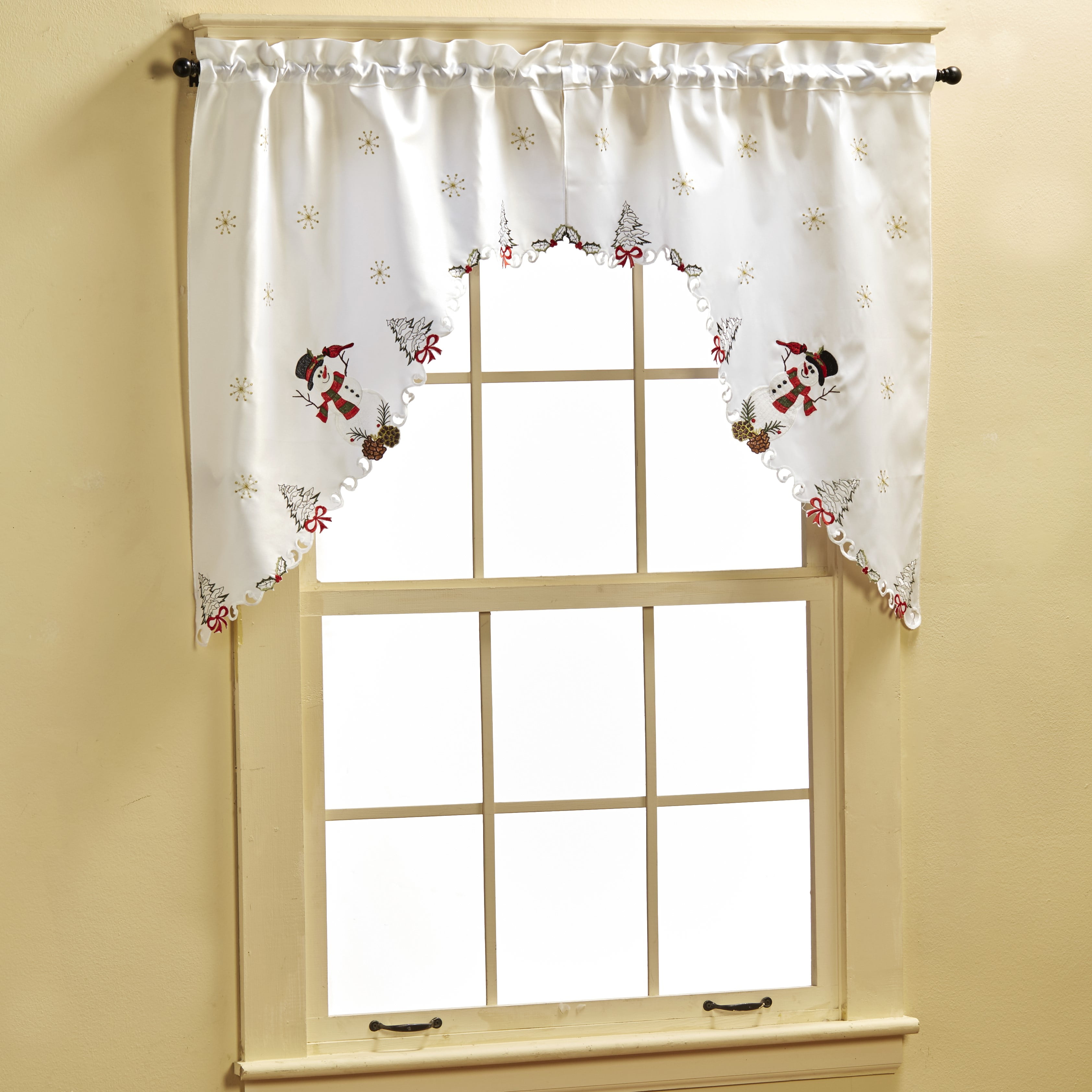 Winter Holiday Snowman Pattern Window Swag Pair with Sewn-In Rod Pocket ...
