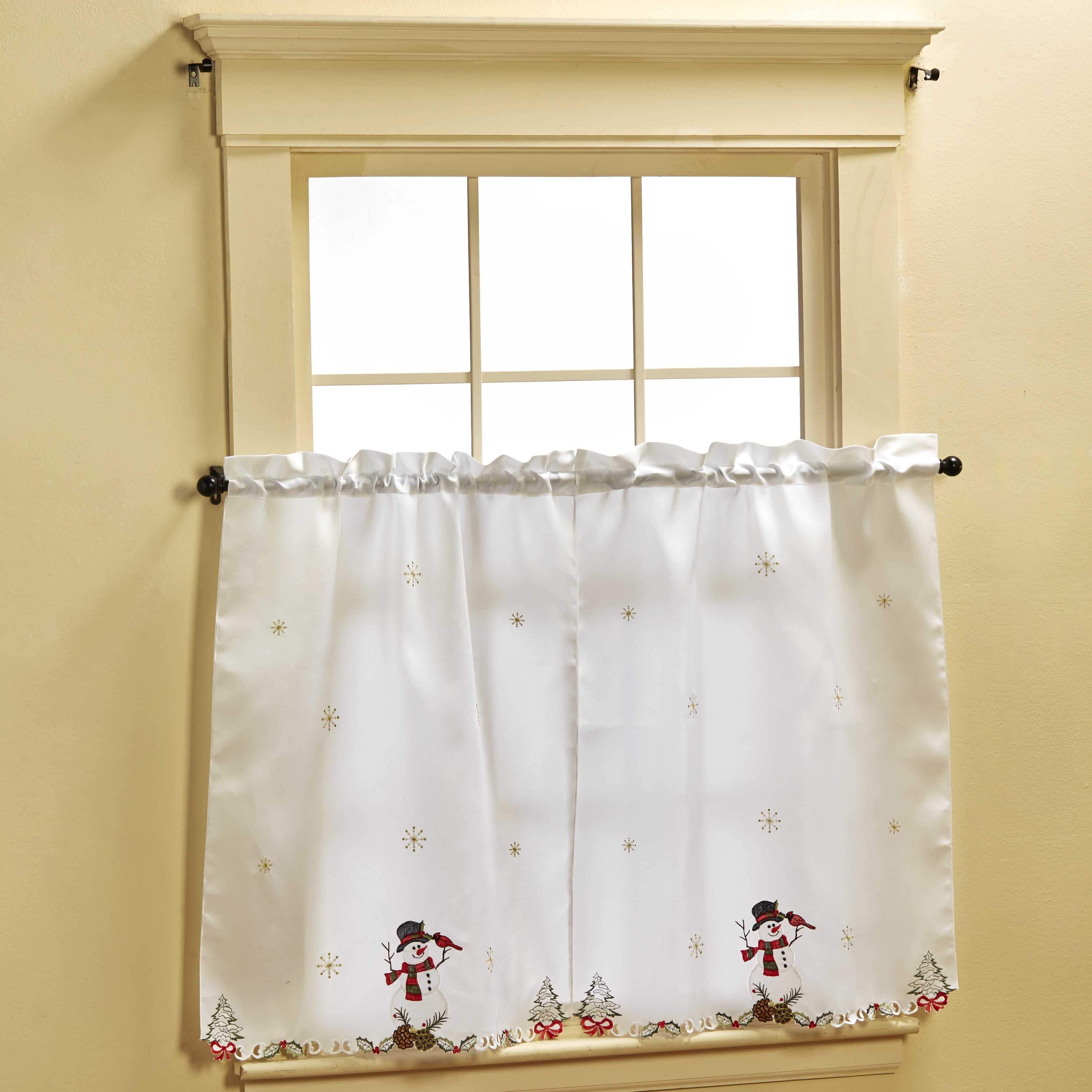Winter Holiday Snowman Pattern Window Tier Pair with Sewn-In Rod Pocket ...