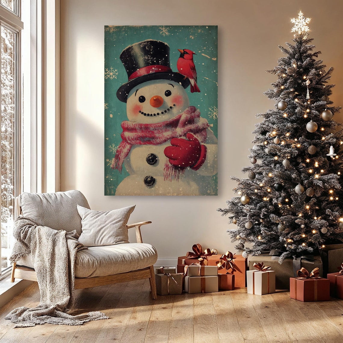 Winter Holiday Snowman With Red Bird Wall Art Vintage Winter Scene ...