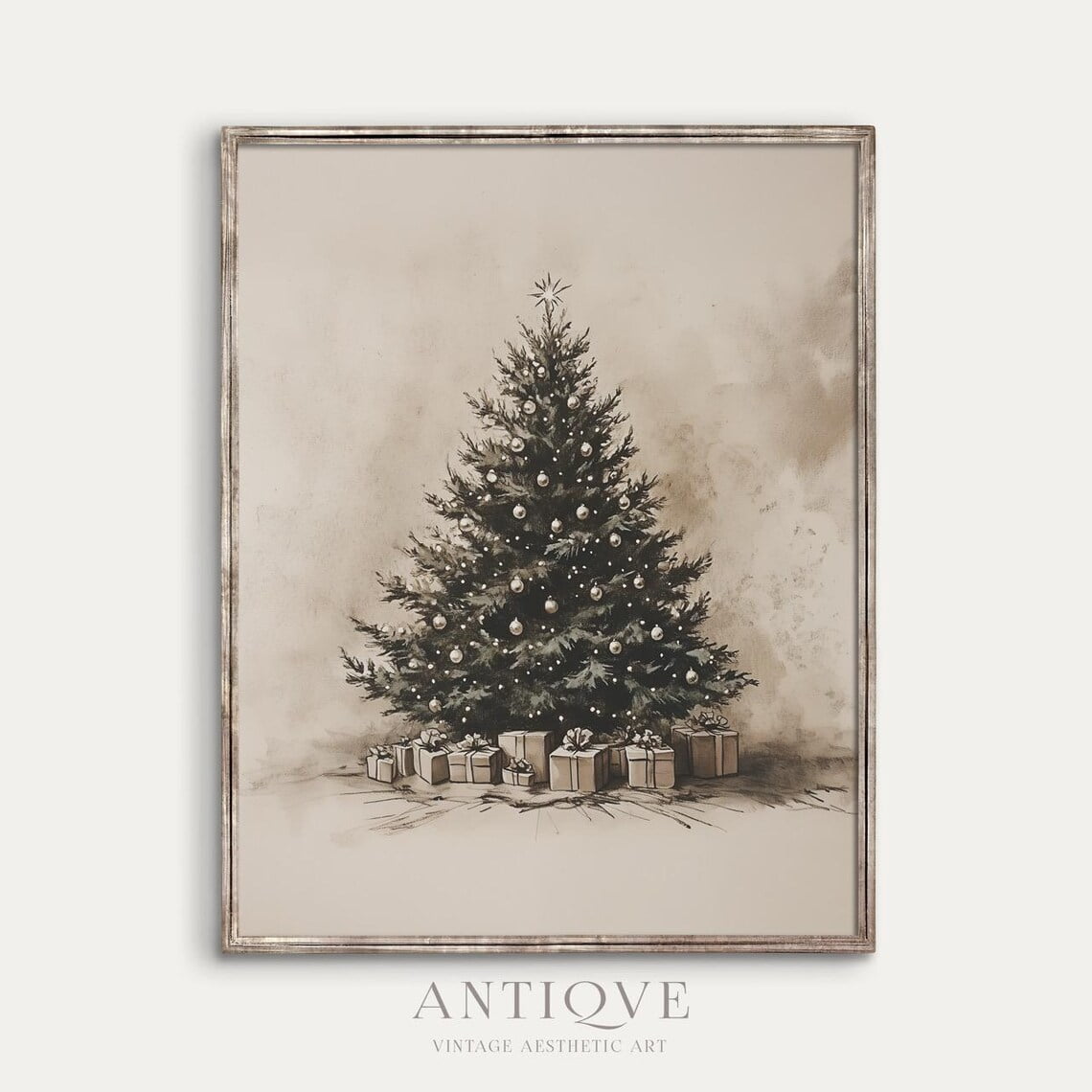 Winter Holiday Tree With Gifts Sketch, Neutral Holiday Decor, Rustic ...