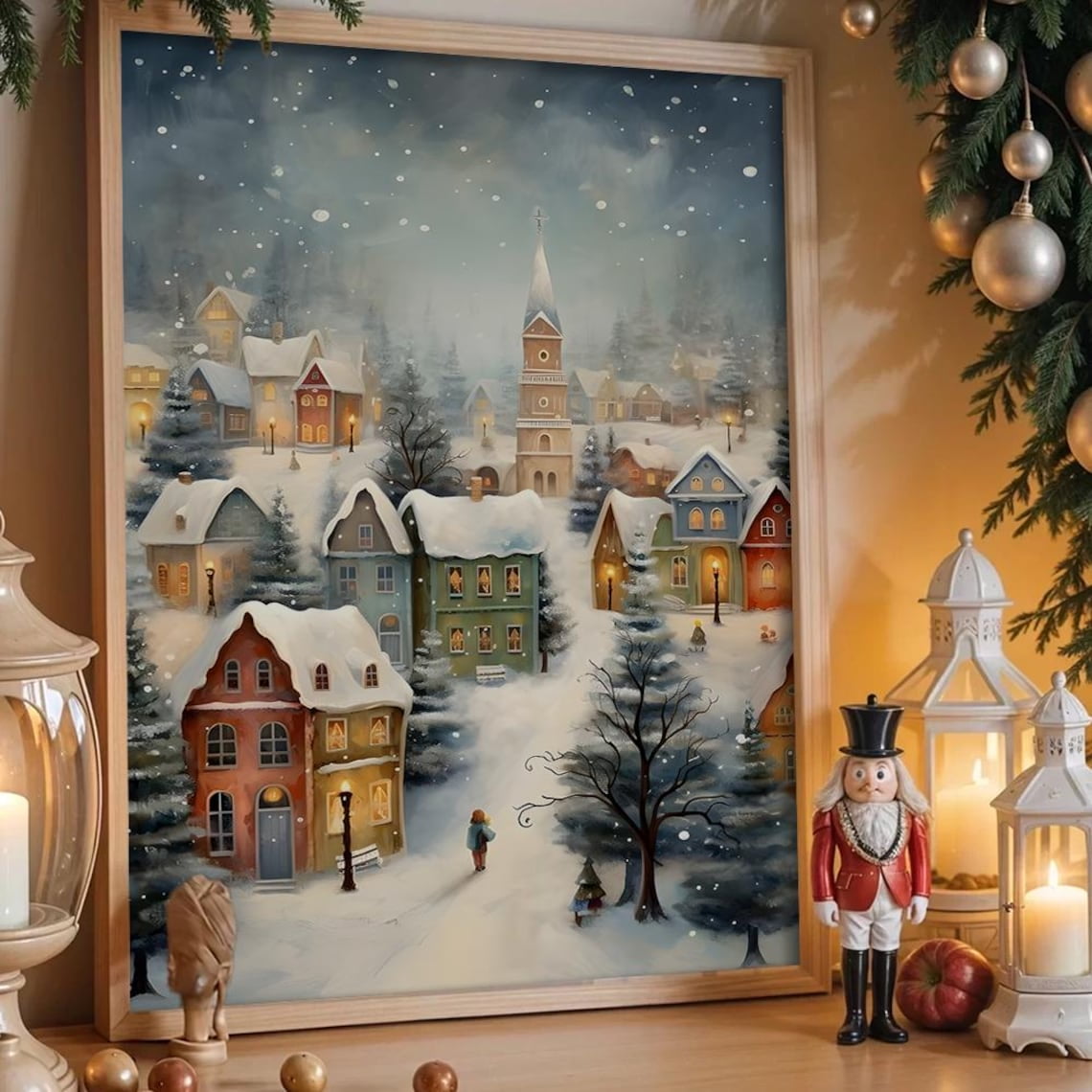 Winter Holiday Village Poster Cozy Winter Town Holiday Decor Home Decor ...