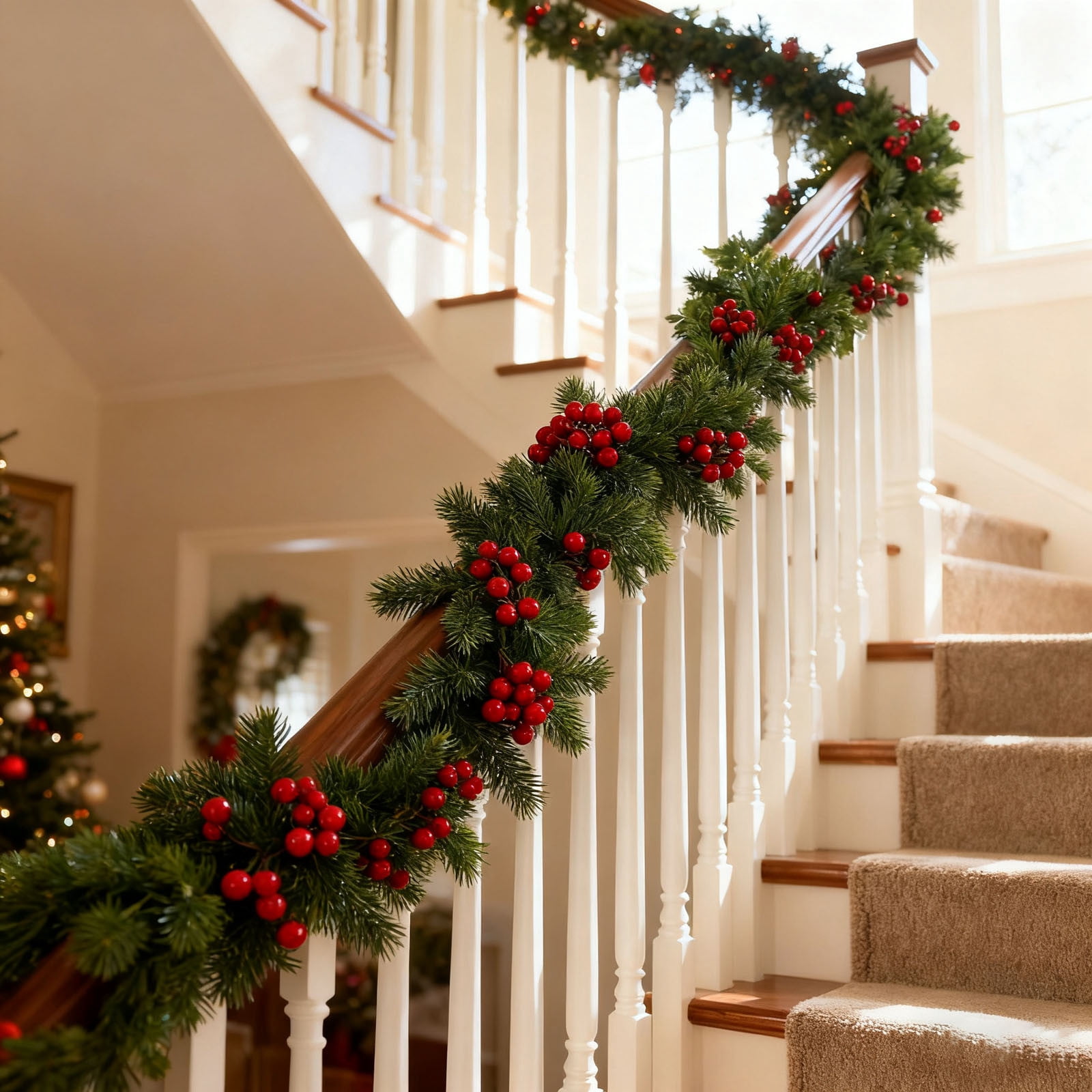 Winter Holly Leaf Garland with Red Berries Pinecones Poinsettia ...