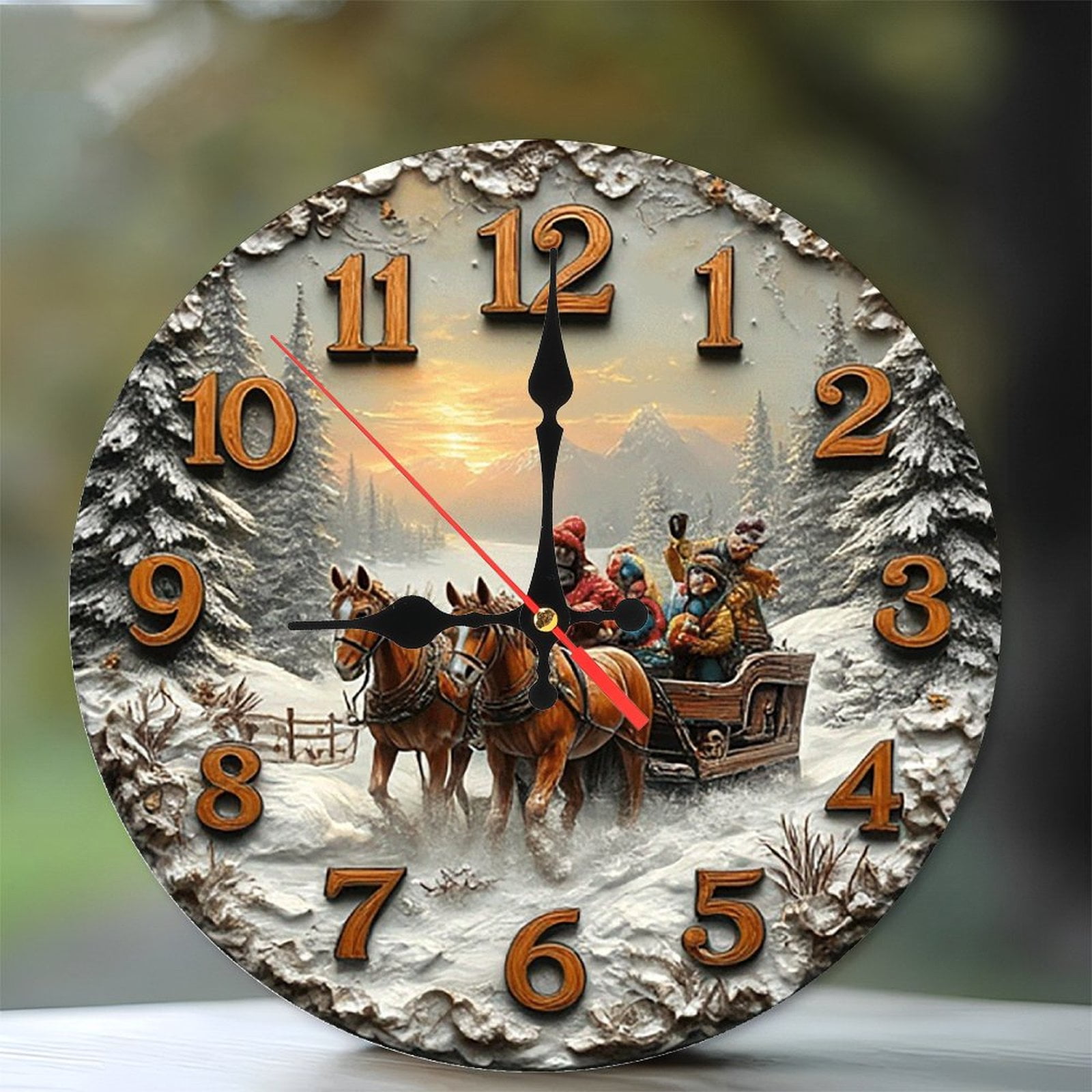 Winter Horses Sleigh Sunset Wall Clock 10-Inch Silent Wooden Wall Clock ...