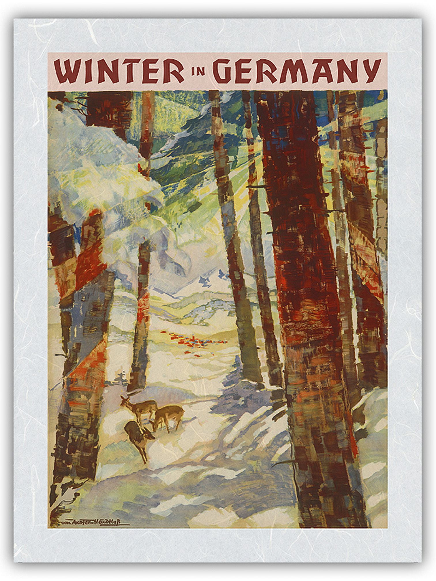 Winter In Germany - Deer in Snow Covered Forest - Vintage Travel Poster ...