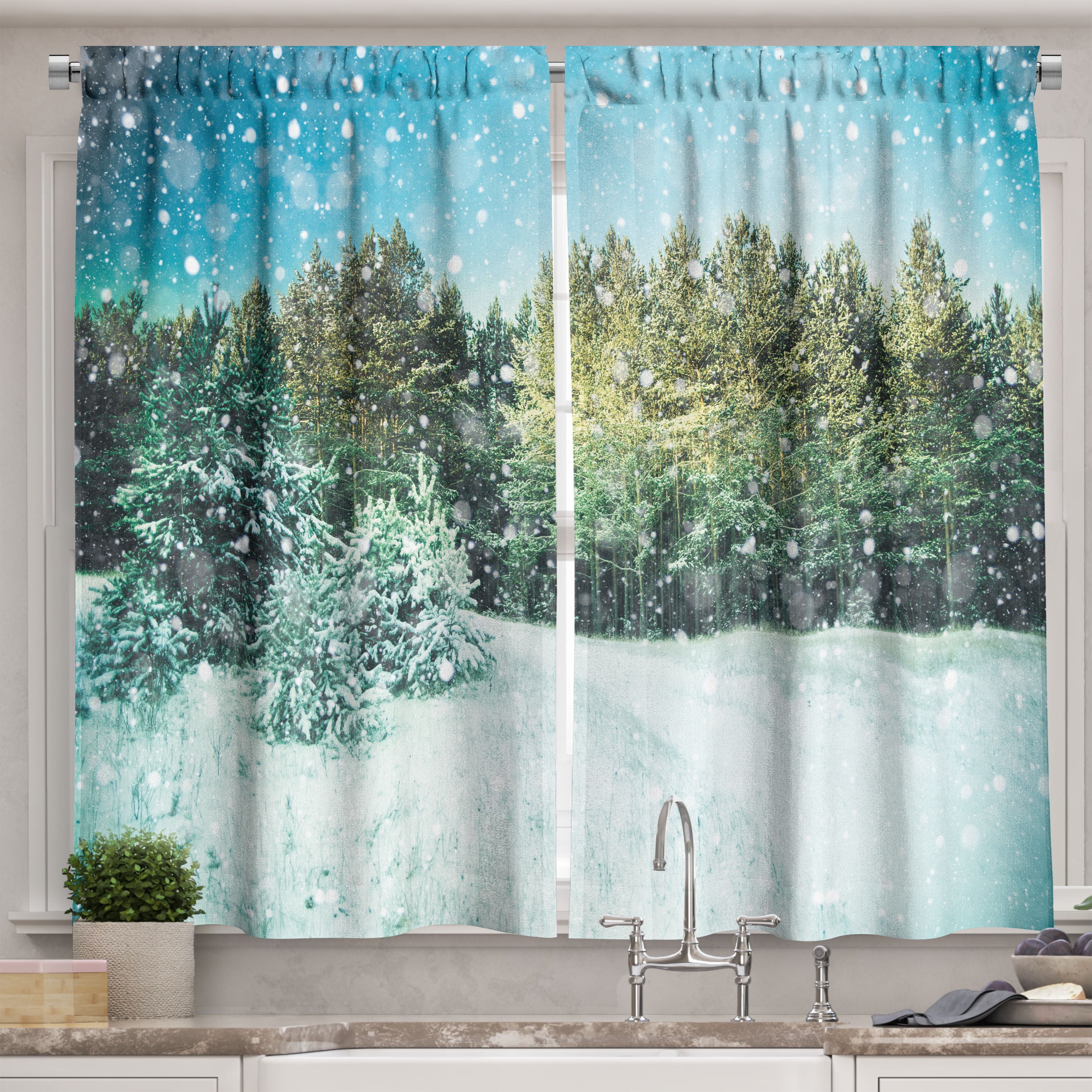Winter Kitchen Curtains, Grunge Style Photo of Snow Nature Forest Cold ...