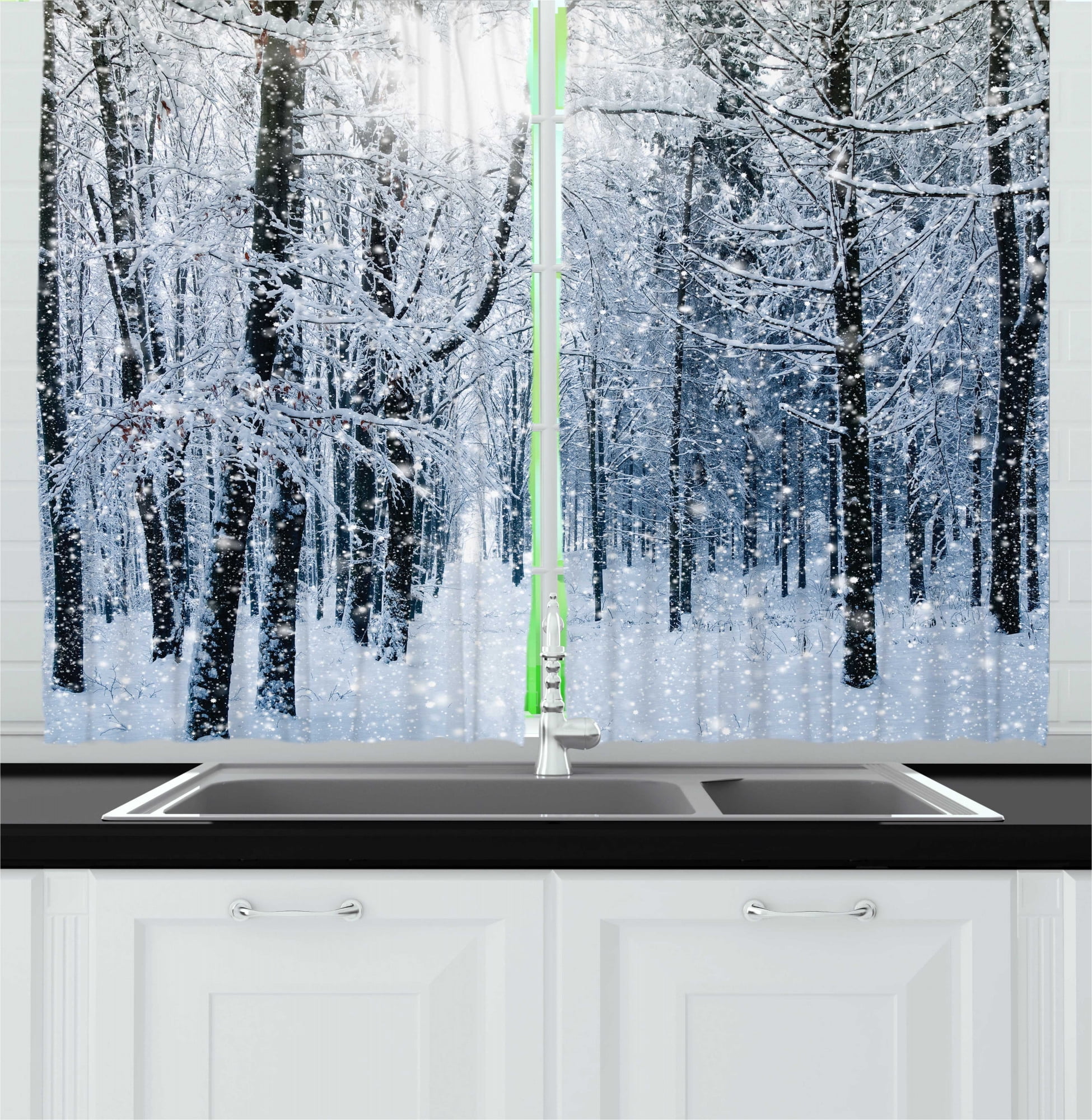 Winter Kitchen Curtains, Snow Covered Forest Idyllic Early Morning ...
