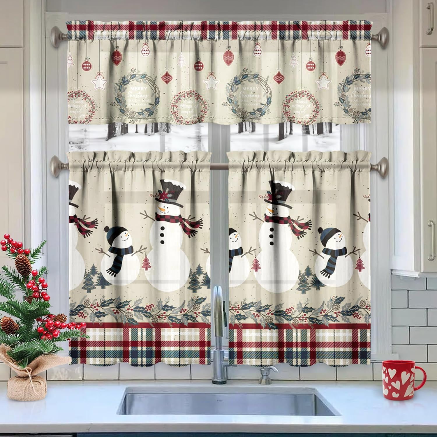 Winter Kitchen Curtains Valances 3 Piece Set,Christmas Buffalo Plaid ...