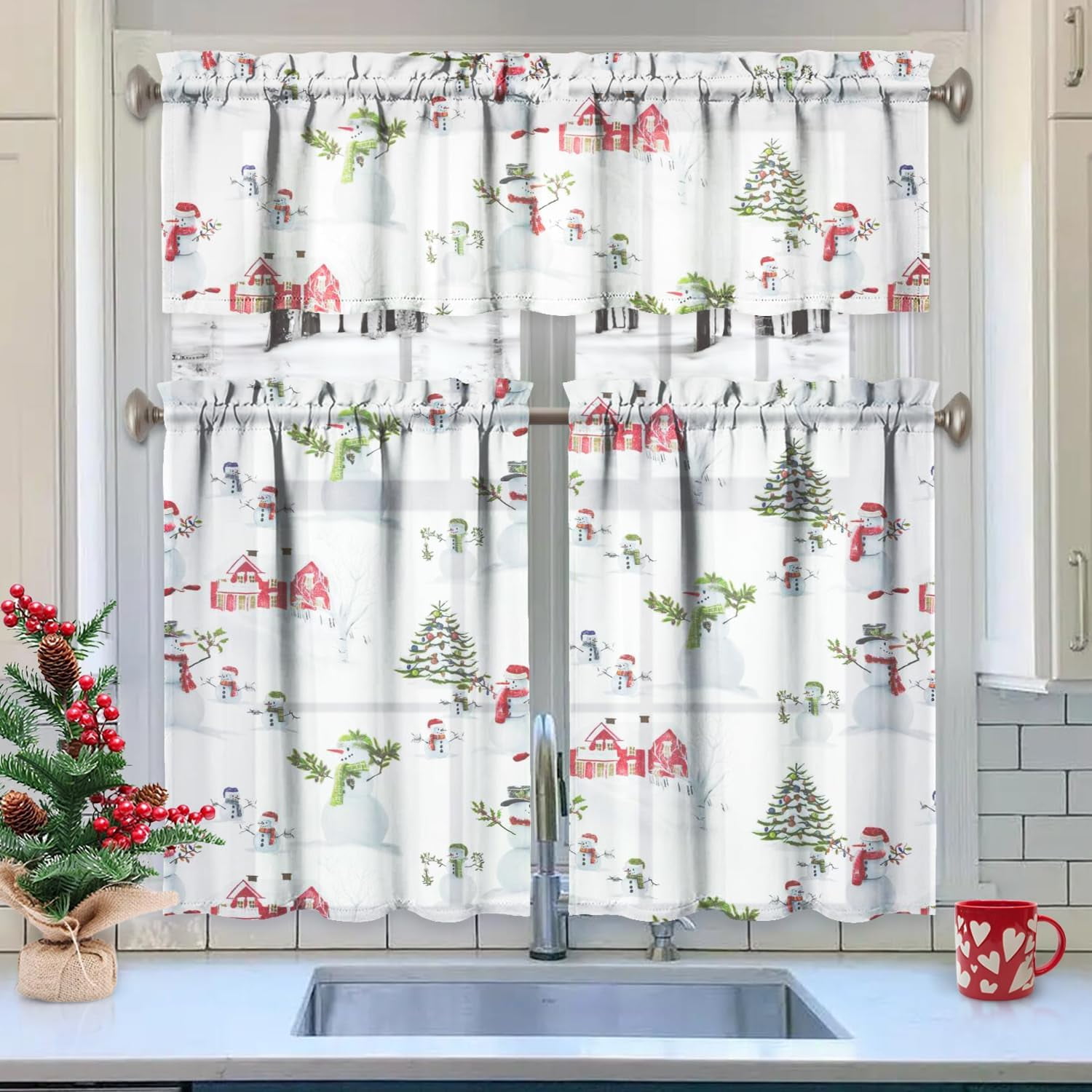 Winter Kitchen Curtains Valances 3 Piece Set, Christmas Snowman Xmas ...