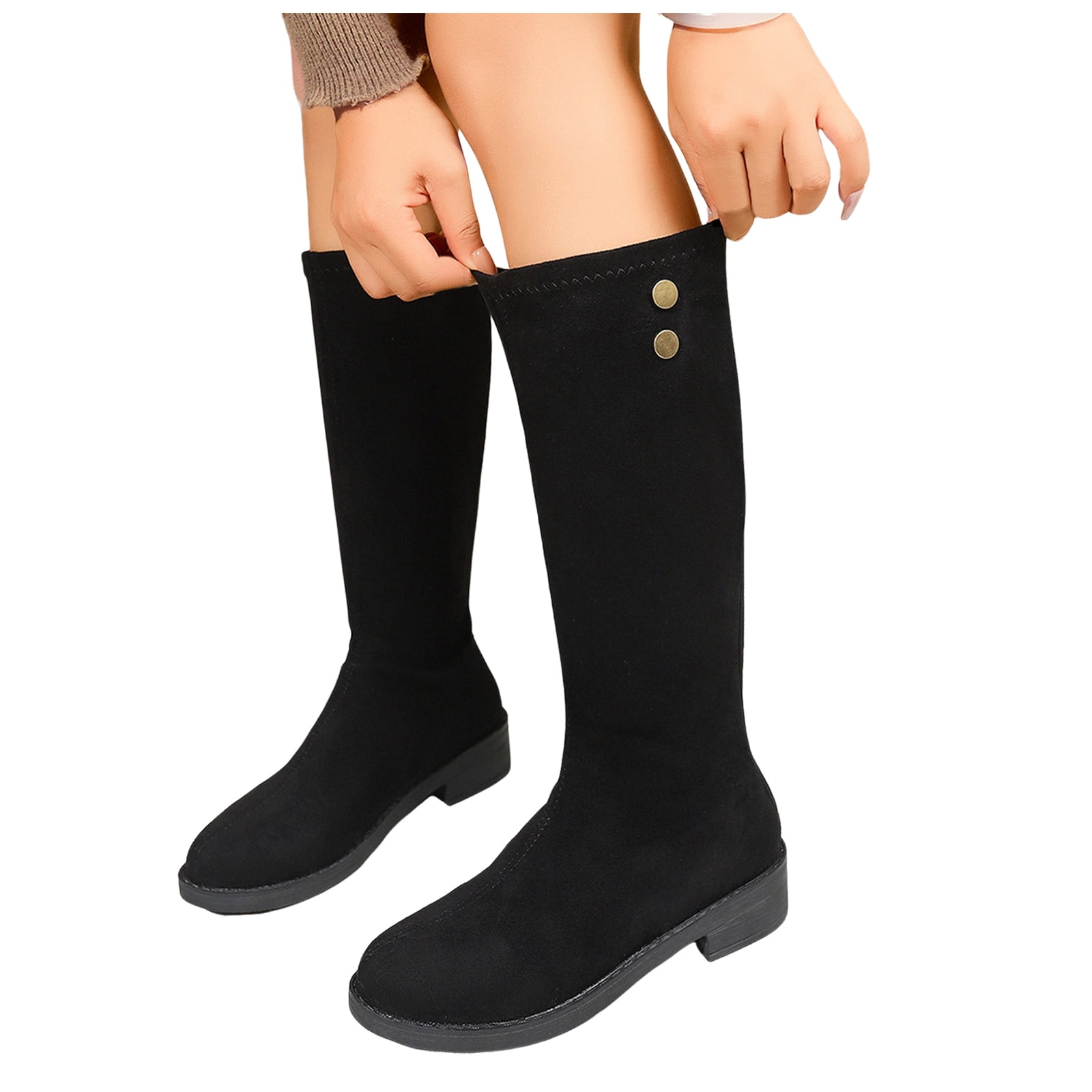 Winter Knee High Boots for Women Casual Slip On Low Heel Stretchy Knee ...
