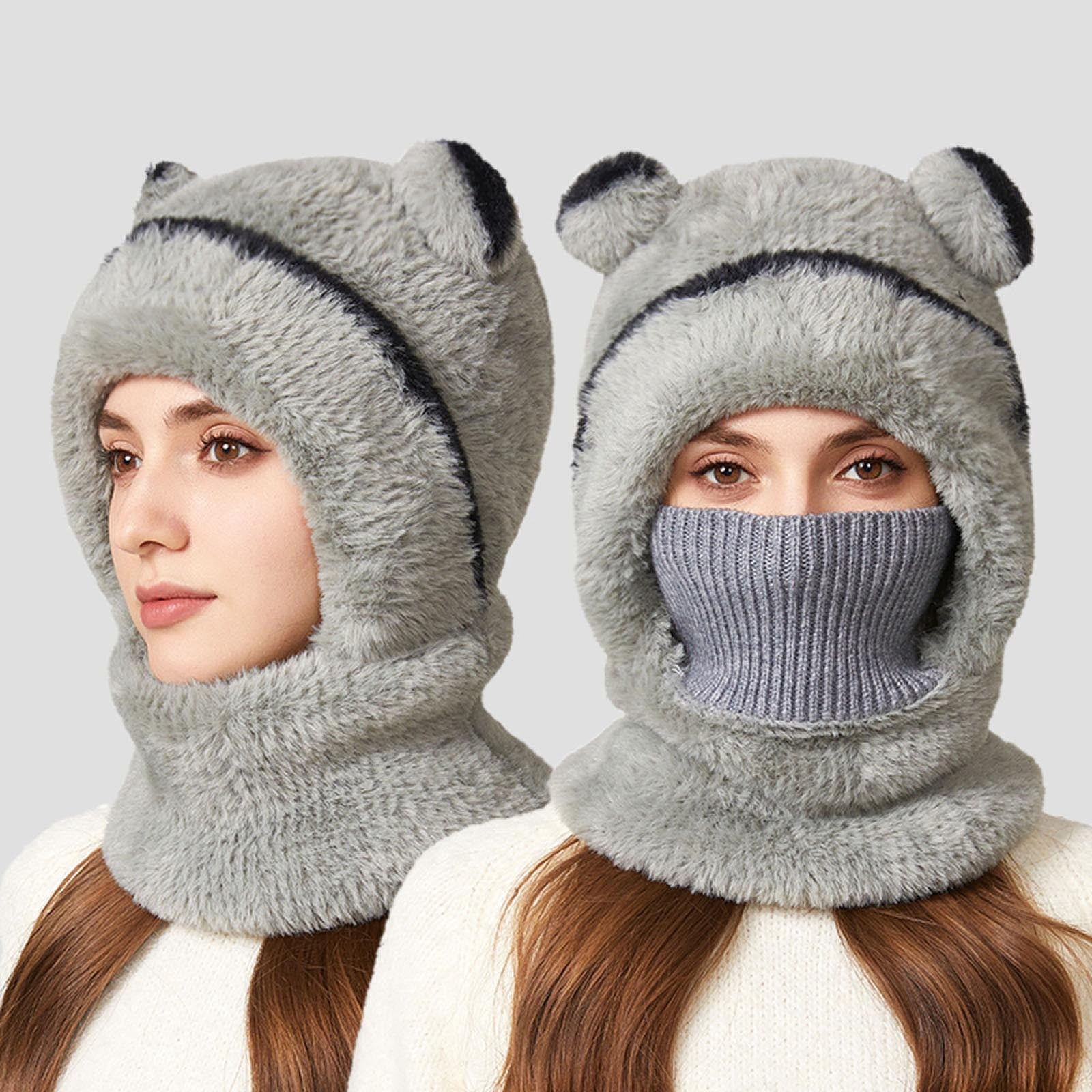 Winter Knit Hat with Face Cover, Fleece-Lined Beanie for Men Women ...