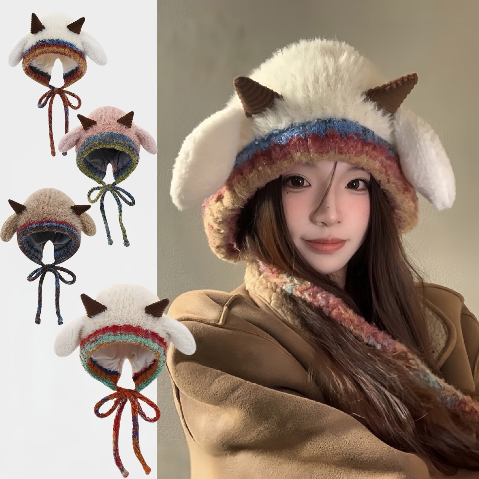 Winter Knit Hat with Plush Ear Flaps, Cute Animal Sheep Horns Design ...