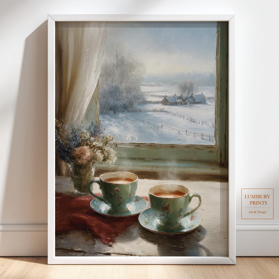 Winter Landscape Art, Flower, Teacup Art, Rustic Winter Scene, UNFRAMED ...