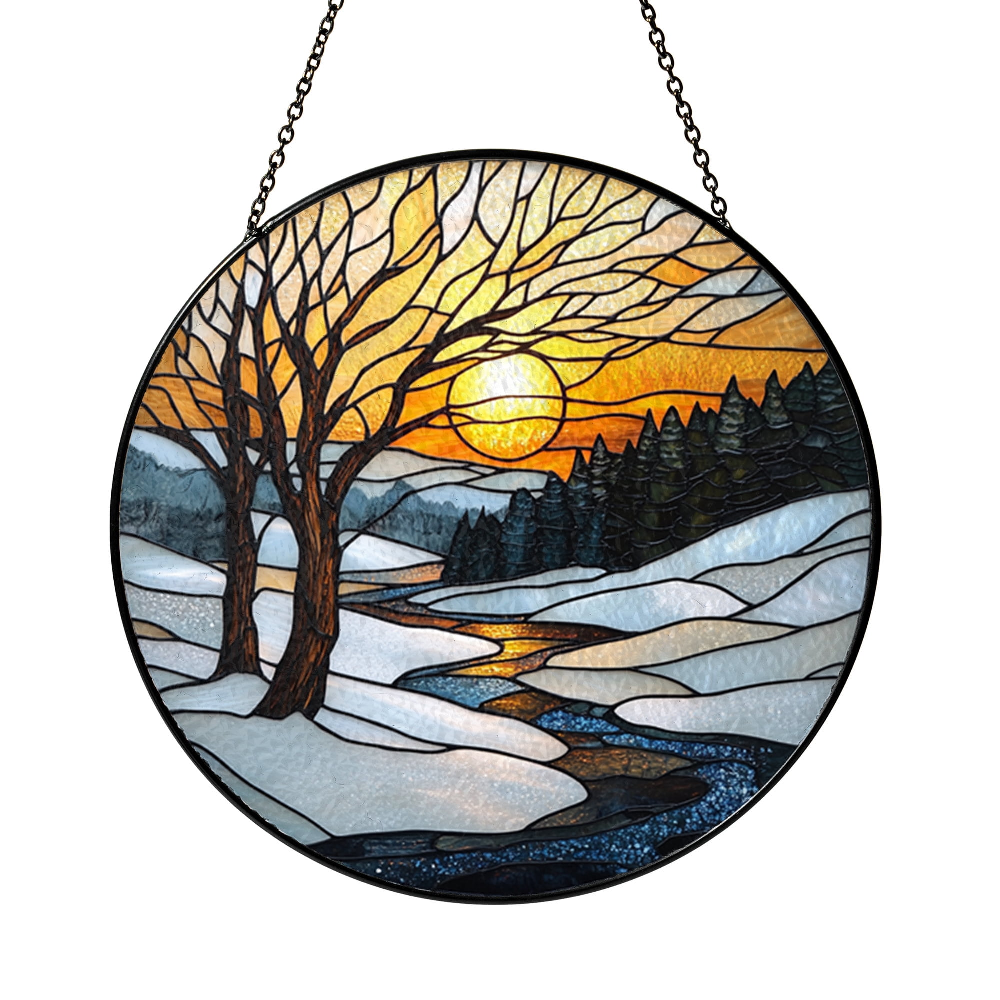 Winter Landscape Stained Glass Window Panel – Sunset Forest Decor ...