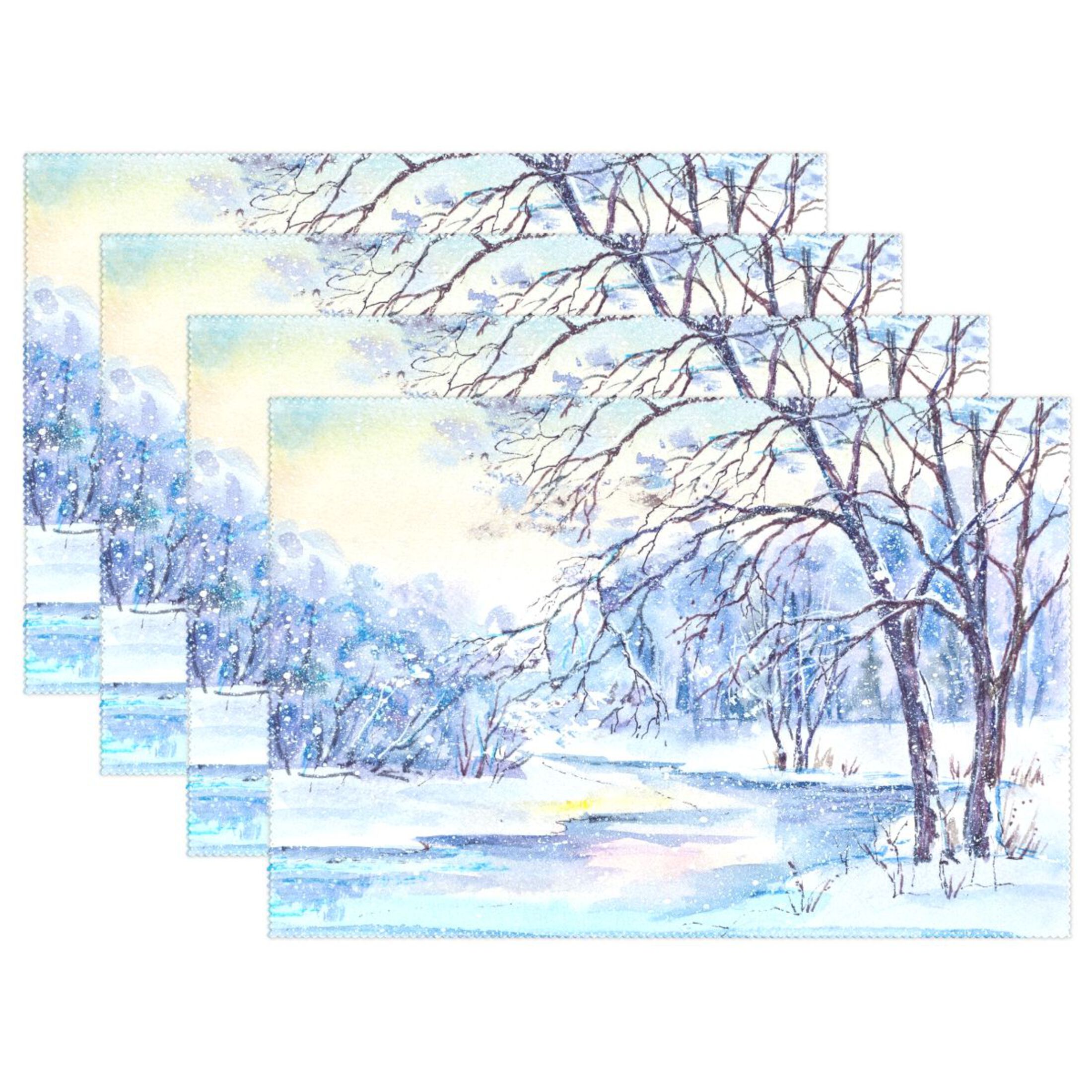 Winter Landscape with River Placemats Set of 4 Dining Table Mat Linen ...