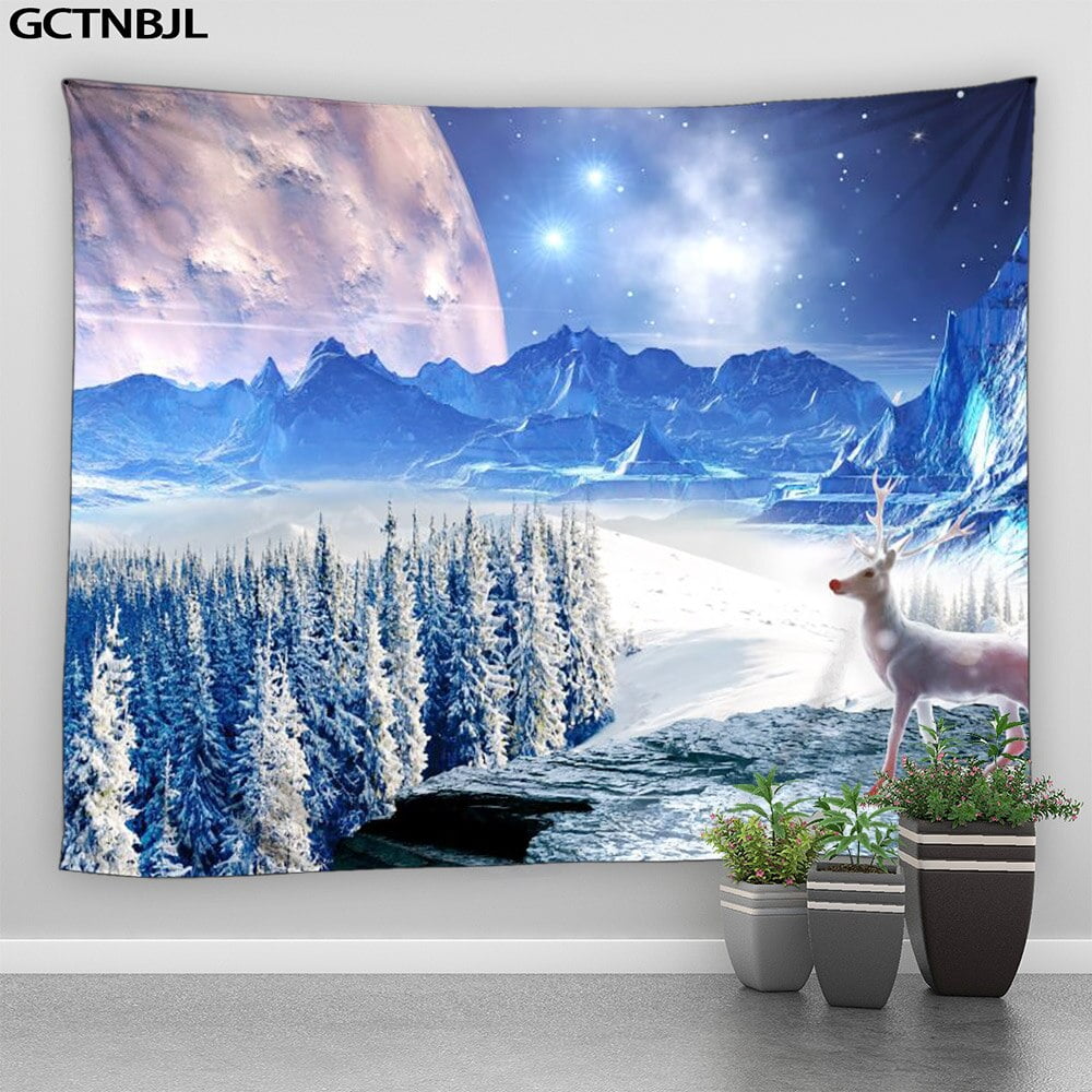 Winter Landscapes Tapestry Hanging Wall Snow Forest Deer Aesthetic ...
