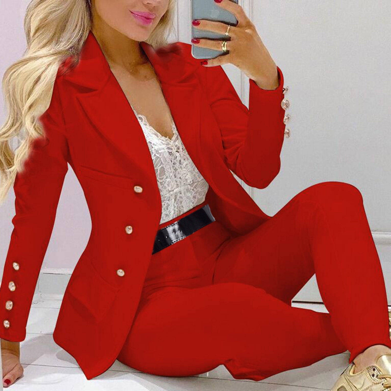 Winter Long Sleeve Blazer Jackets for Women Red Women's Solid Two Piece ...