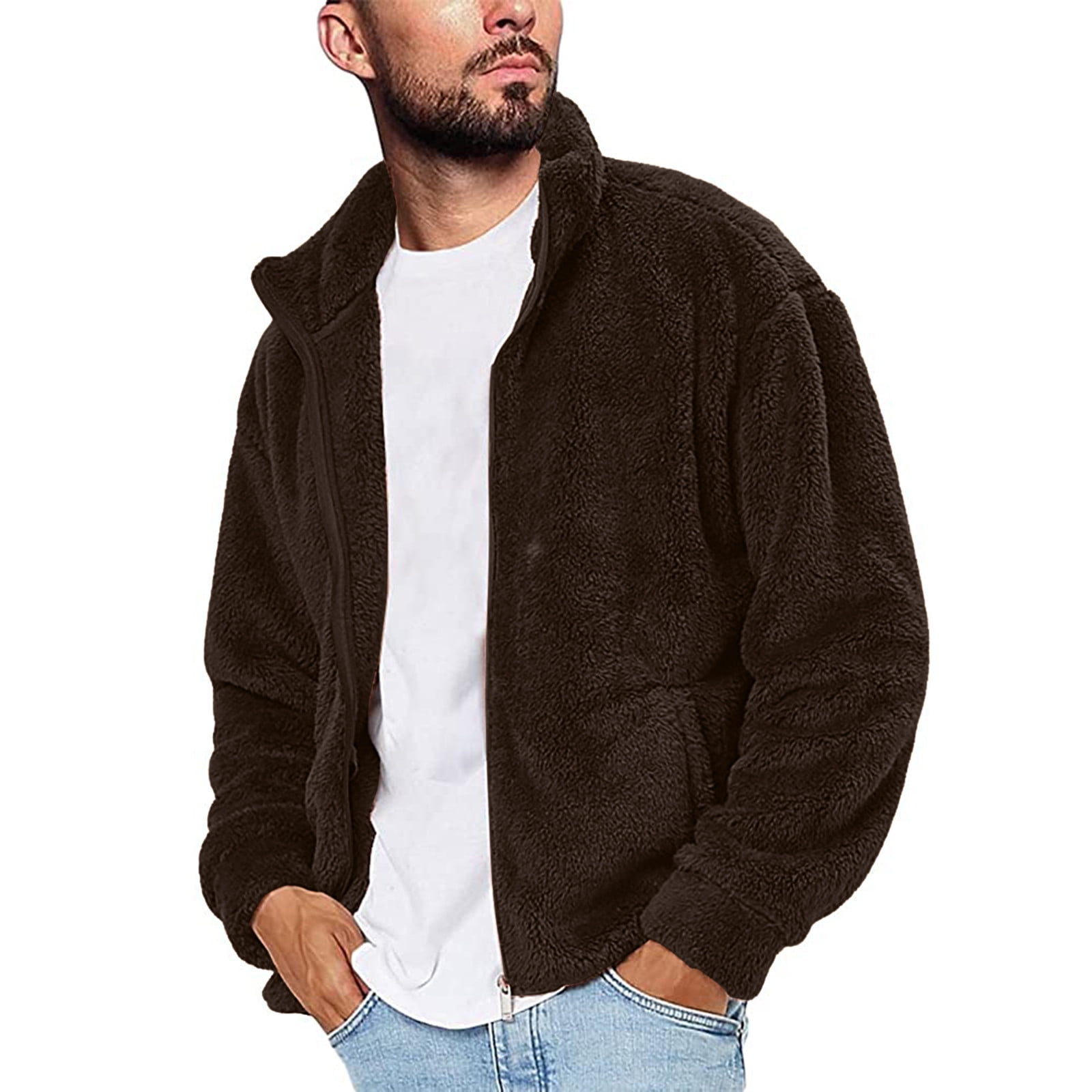 Winter Long Sleeve Thermal Fleece Puffer Jacket for Men Brown Mens ...