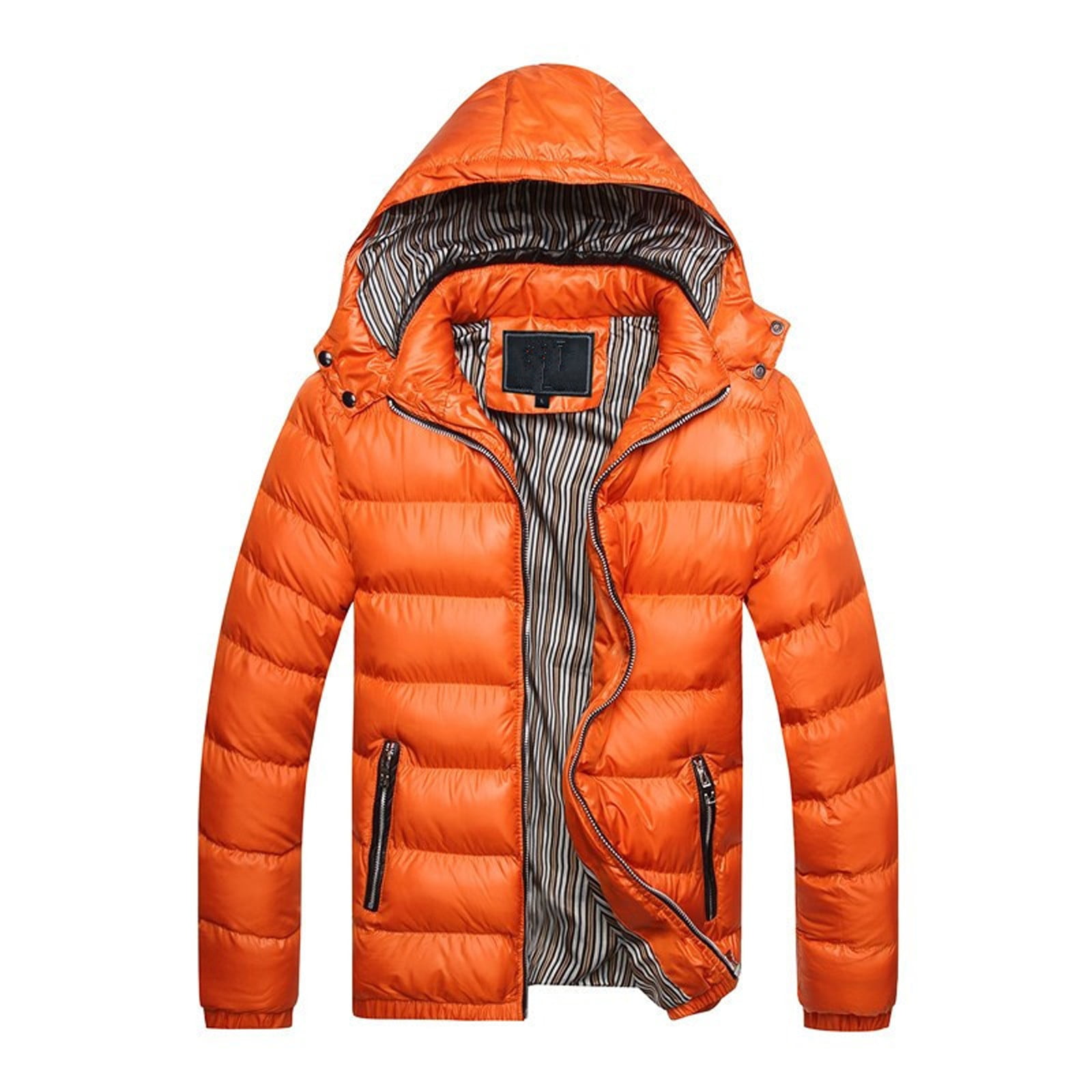 Winter Long Sleeve Thermal Puffer Jacket for Men Orange Men's Hat ...