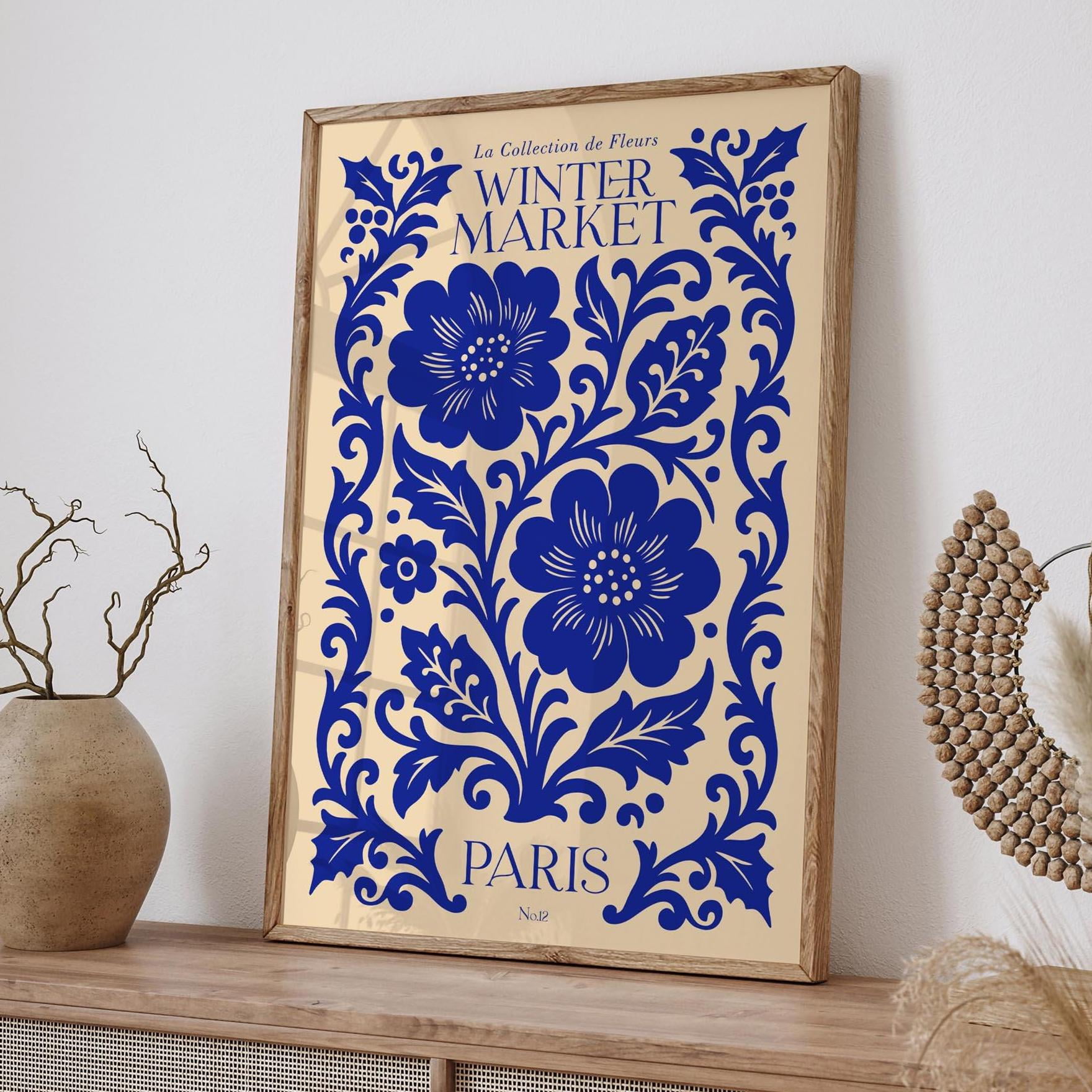 Winter Market Paris Poster, Blue Floral Print, Rococo Style Art ...