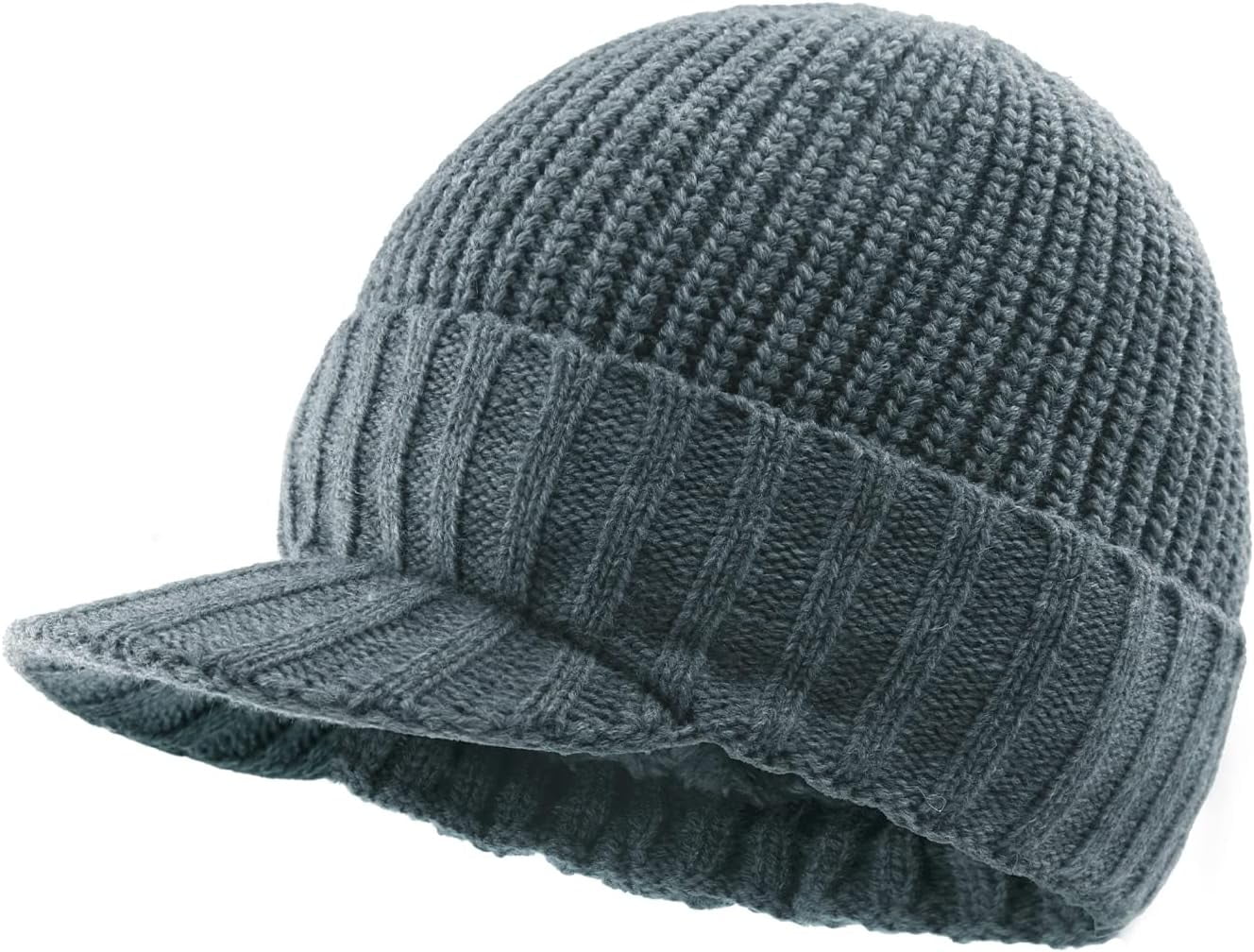 Winter Men Hat Knit Cable Visor Beanie with Fleece Lining Newsboy Cap ...
