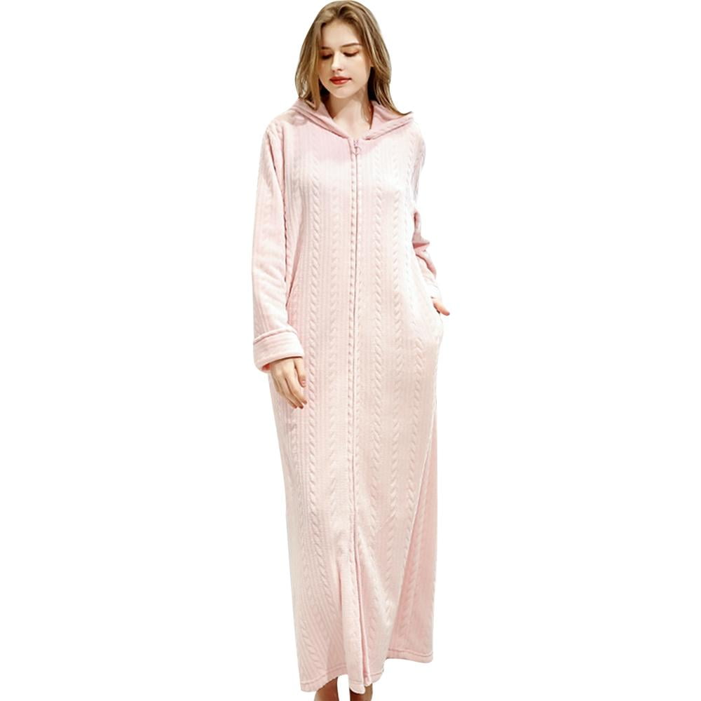 Winter Men Women Coral Plush Robe Long Zipper Front Hooded Bathrobe ...